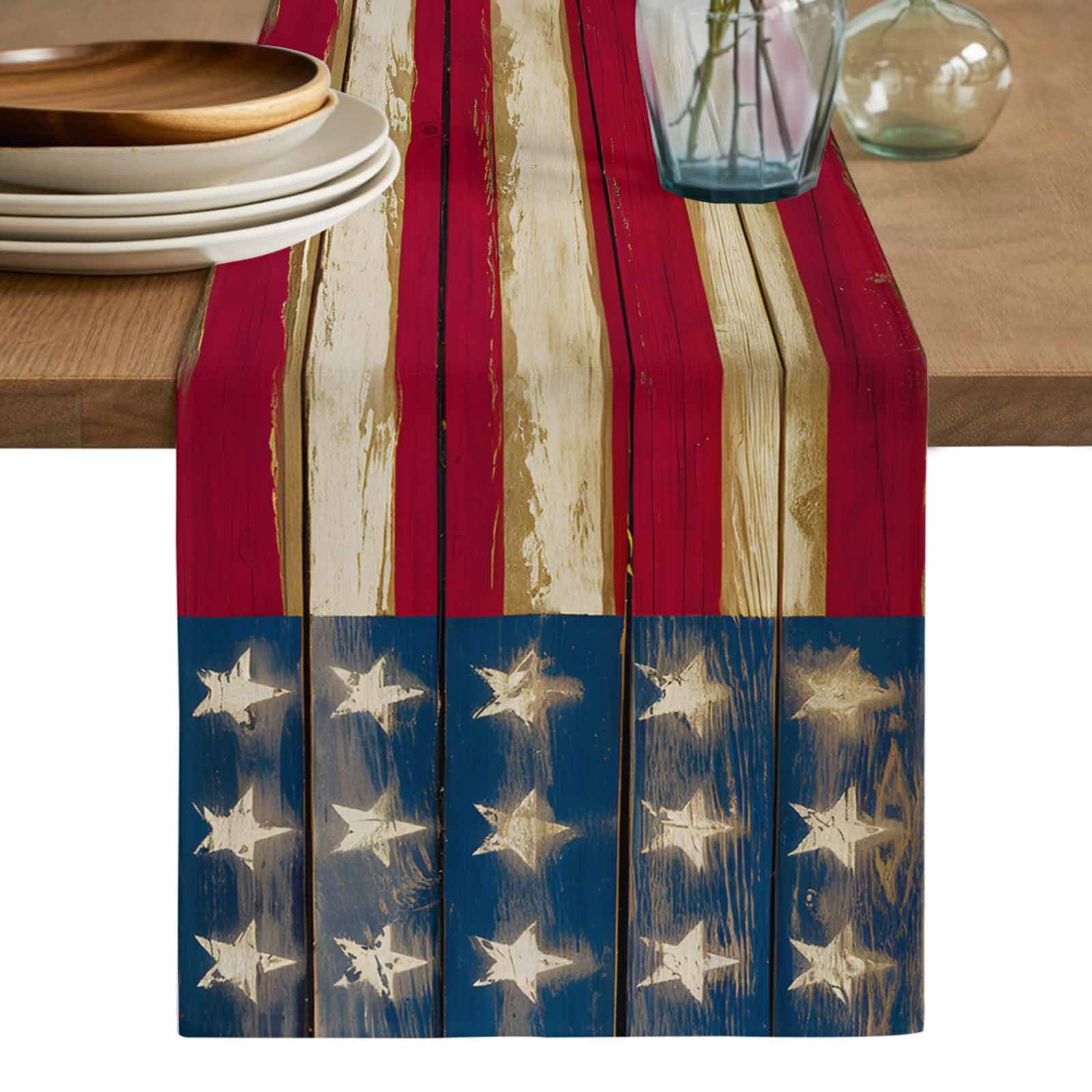 American Flag Vintage Table Runner, Brown Red Stripes US Flag Washable ...