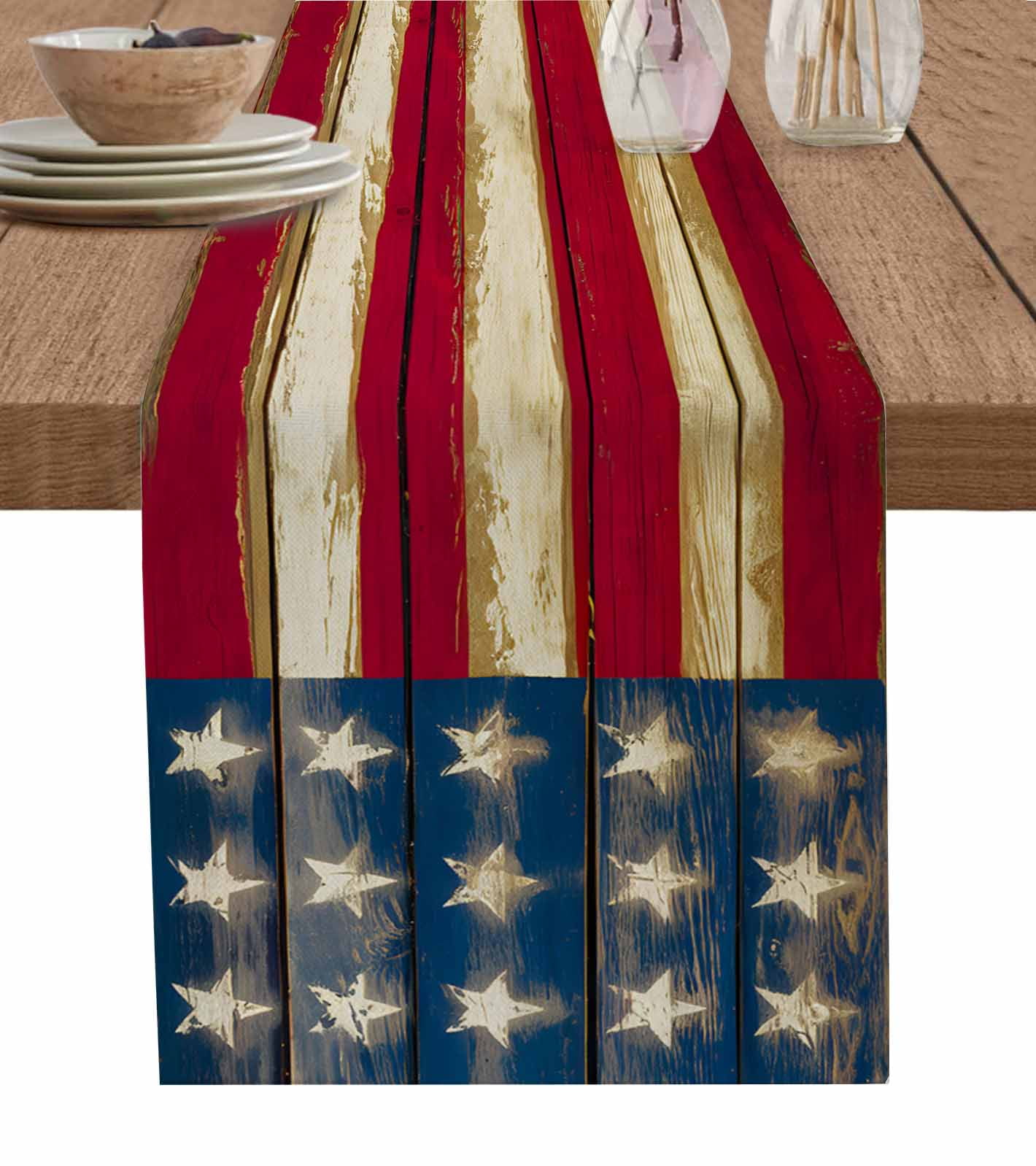 American Flag Vintage Table Runner Cotton Linen 72 Inch Holiday Dresser ...