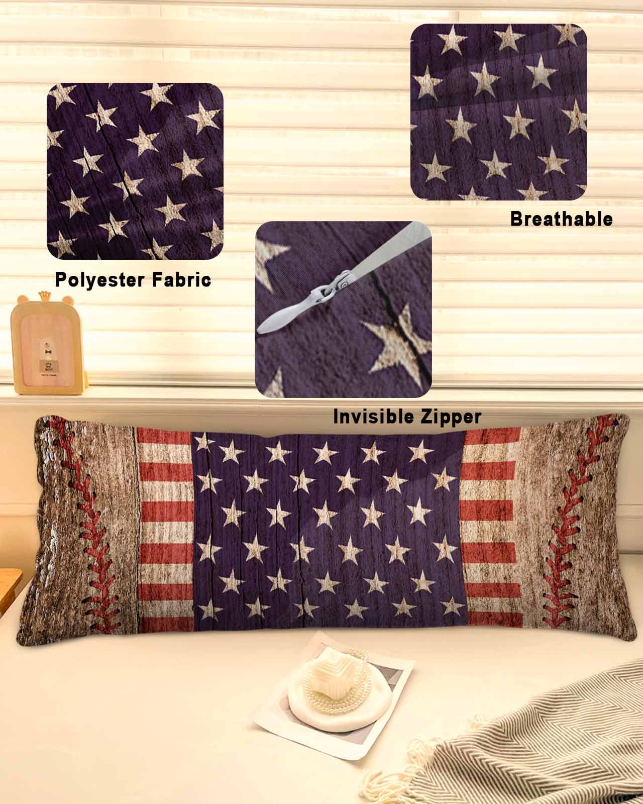 American Flag Vintage Throw Pillow Covers, Farmhouse Baseball Blue Red ...