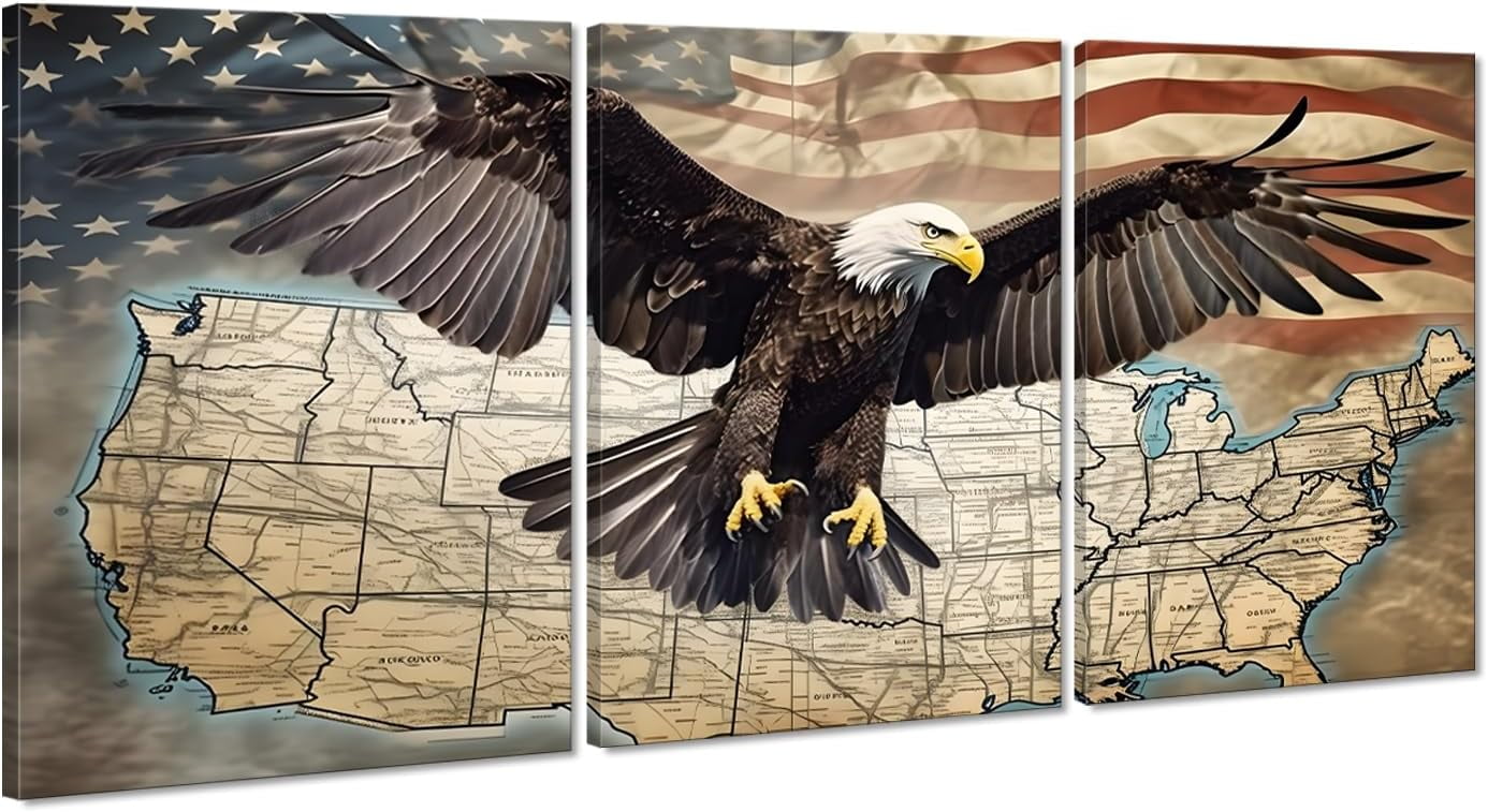 American Flag Wall Art 3 Panels Eagles Spreading Their Wings and Flying Pictures Canvas Painting ...