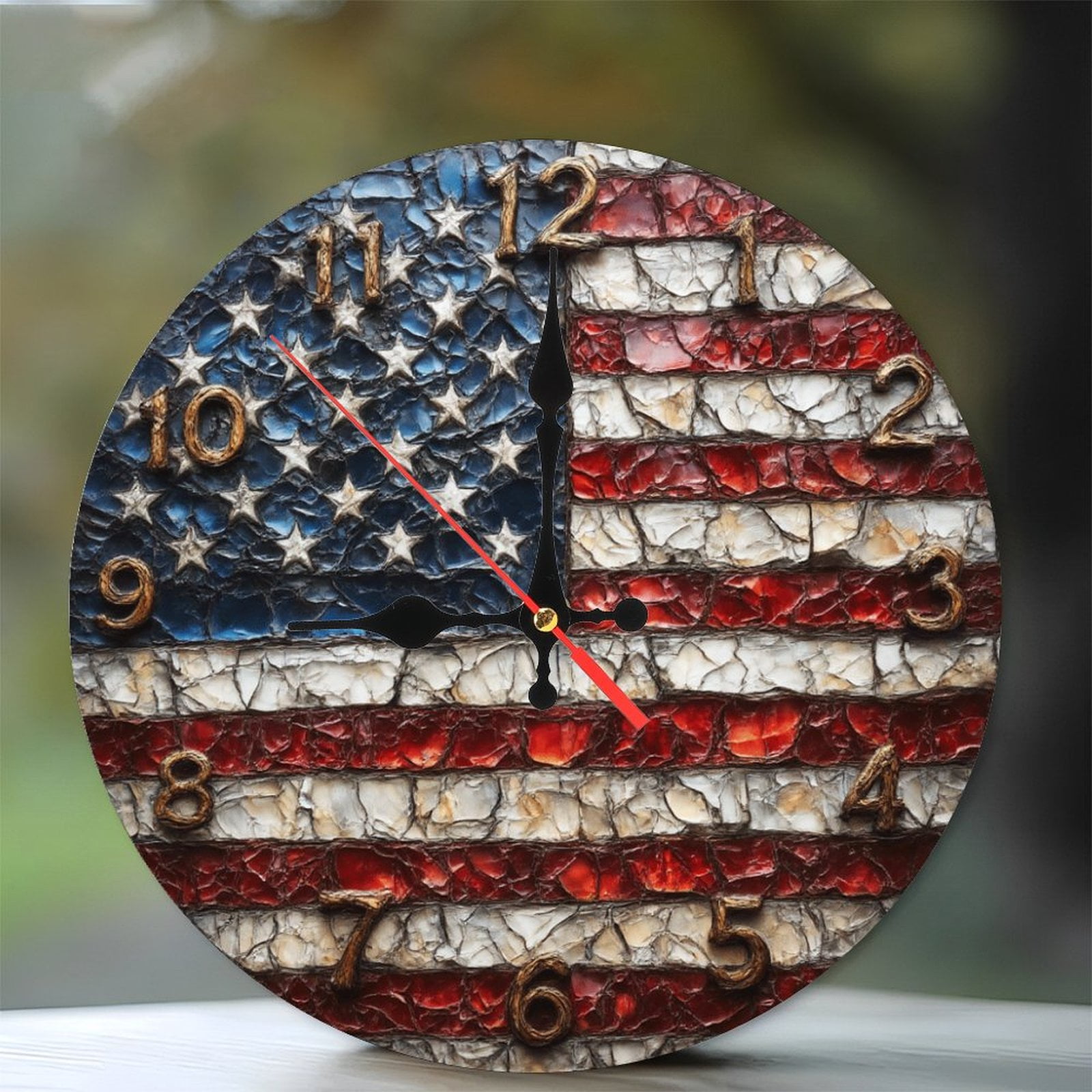 American Flag Wall Clock Crackle Finish Decor 10-Inch Silent Wooden ...