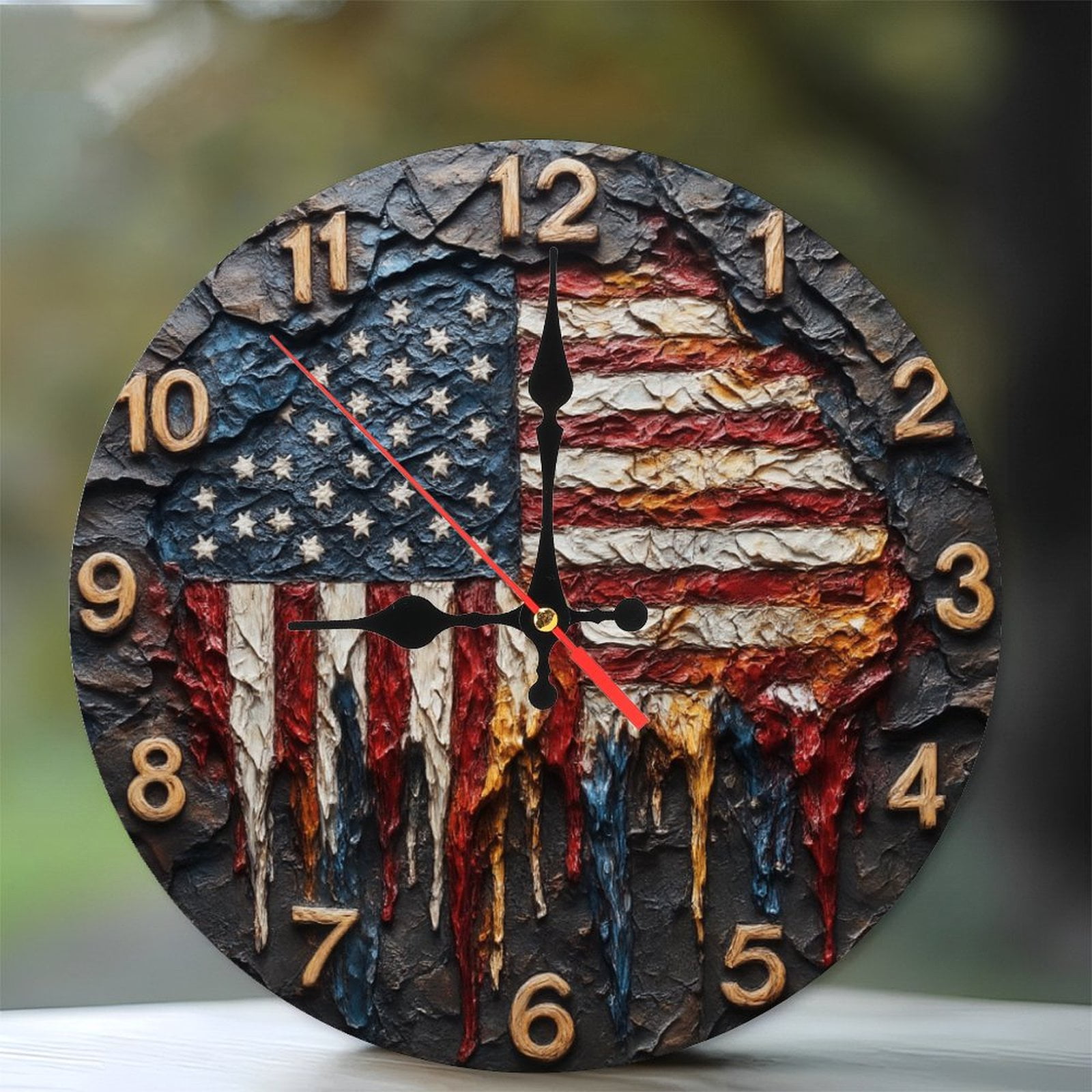 American Flag Wall Clock Rustic Decor Unique Gift 10-Inch Silent Wooden ...