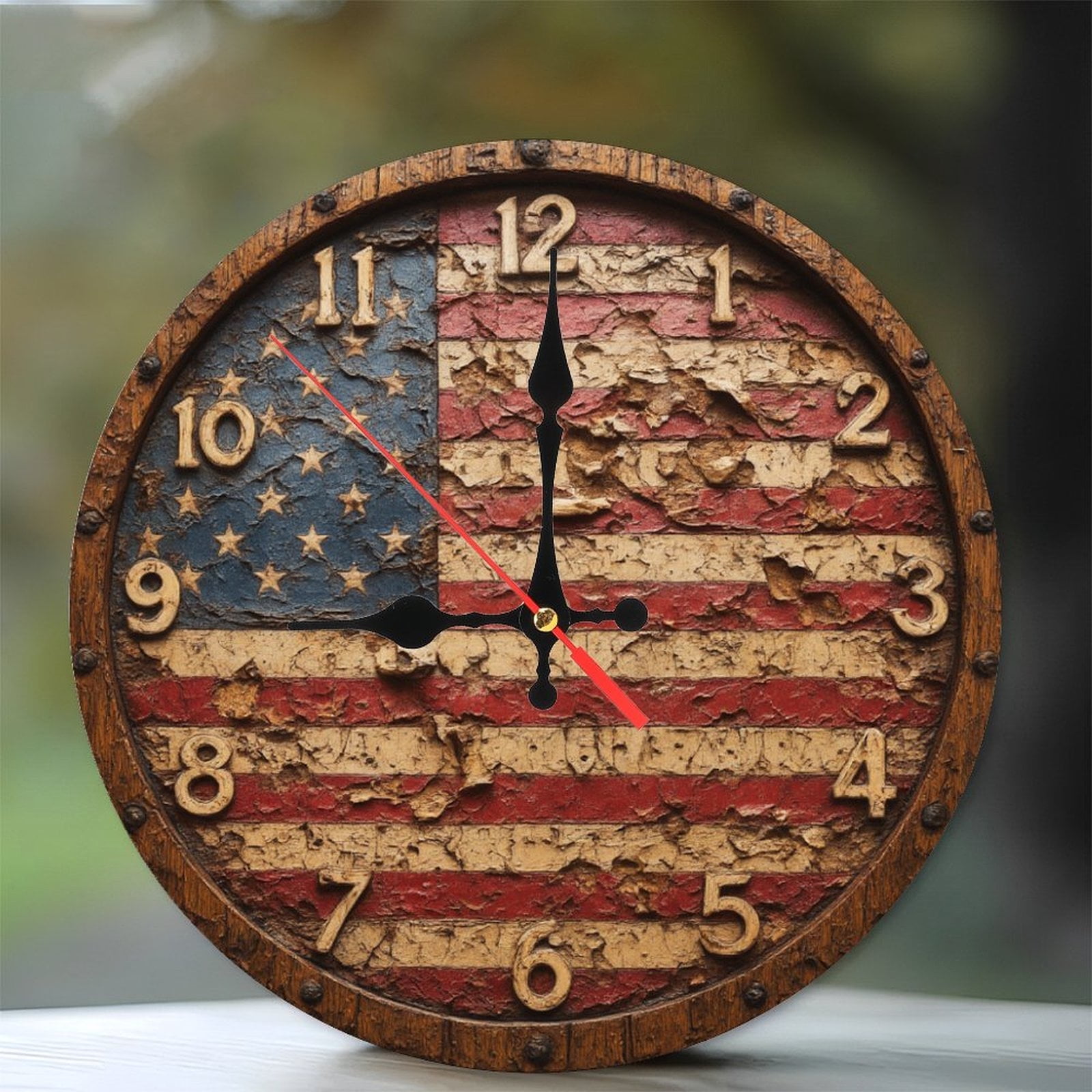 American Flag Wall Clock Rustic Decor Vintage Style Timepiece 12-Inch ...