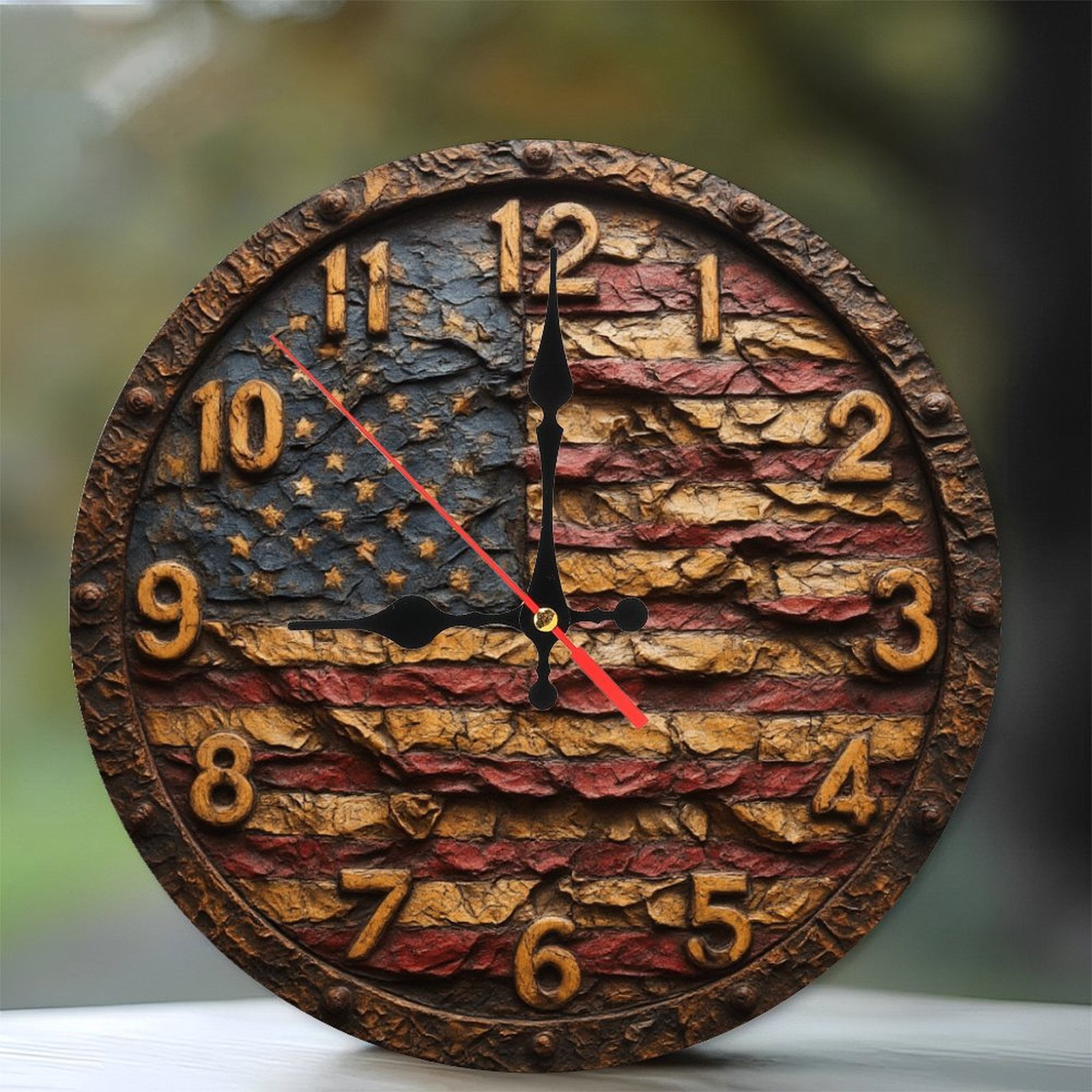 American Flag Wall Clock Rustic Style Home Decor 10-Inch Silent Wooden ...