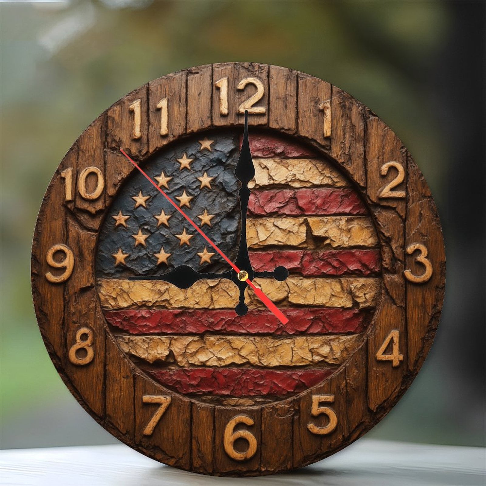 American Flag Wall Clock Rustic Wood Design Home Decor 10-Inch Silent ...