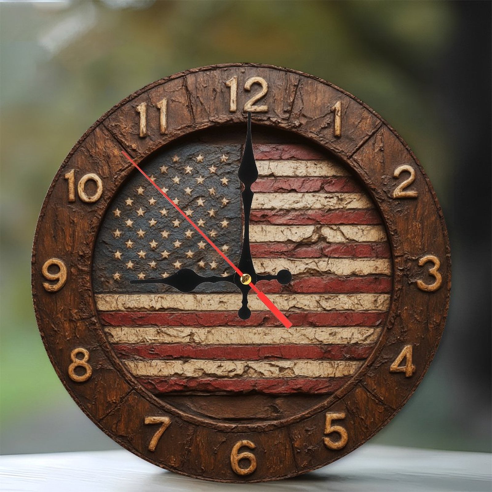 American Flag Wall Clock Rustic Wood Design Vintage Style 10-Inch ...