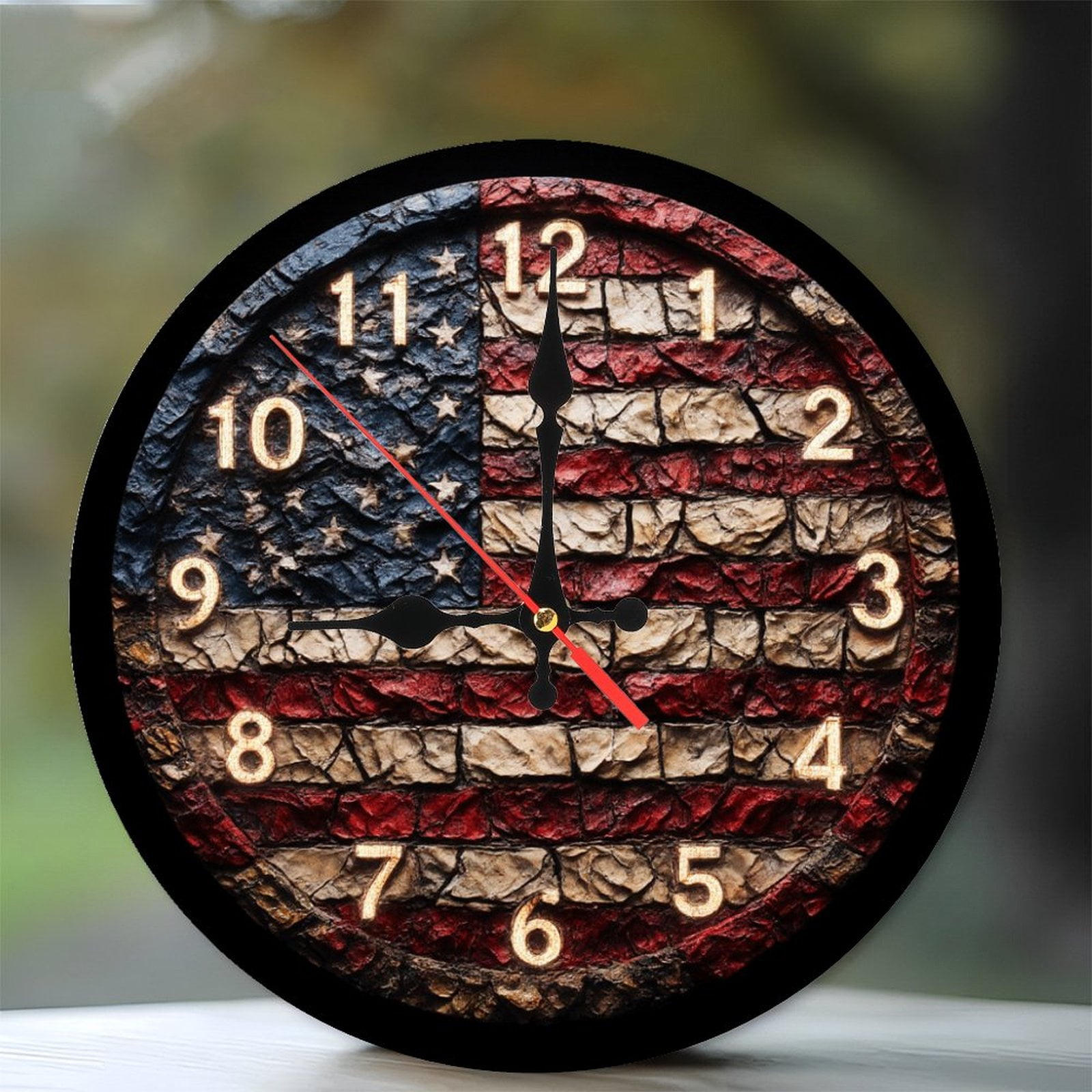American Flag Wall Clock Stone Design Rustic Decor 10-Inch Silent ...