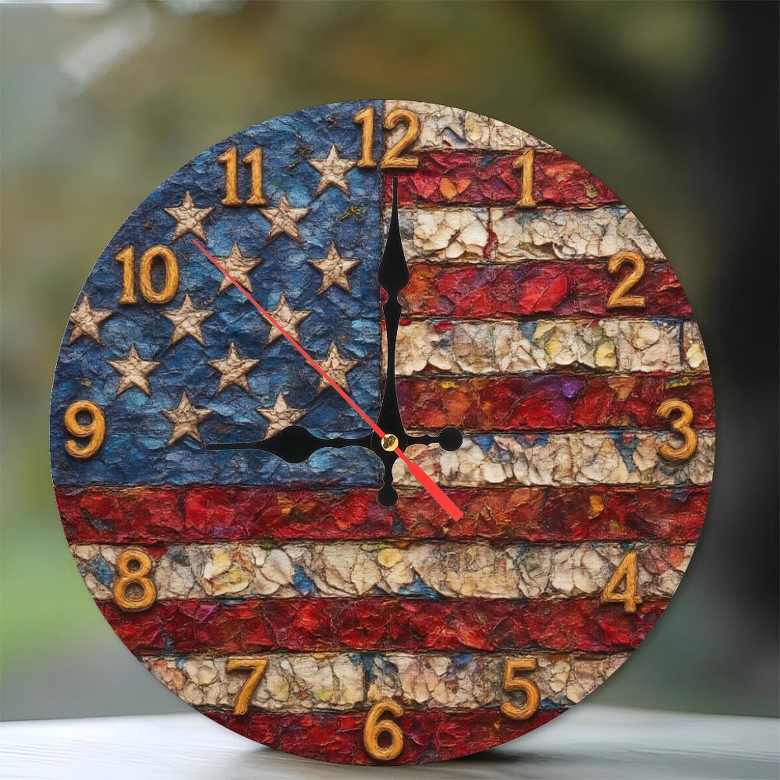 American Flag Wall Clock Textured Art Home Decor 10-Inch Silent Wooden ...
