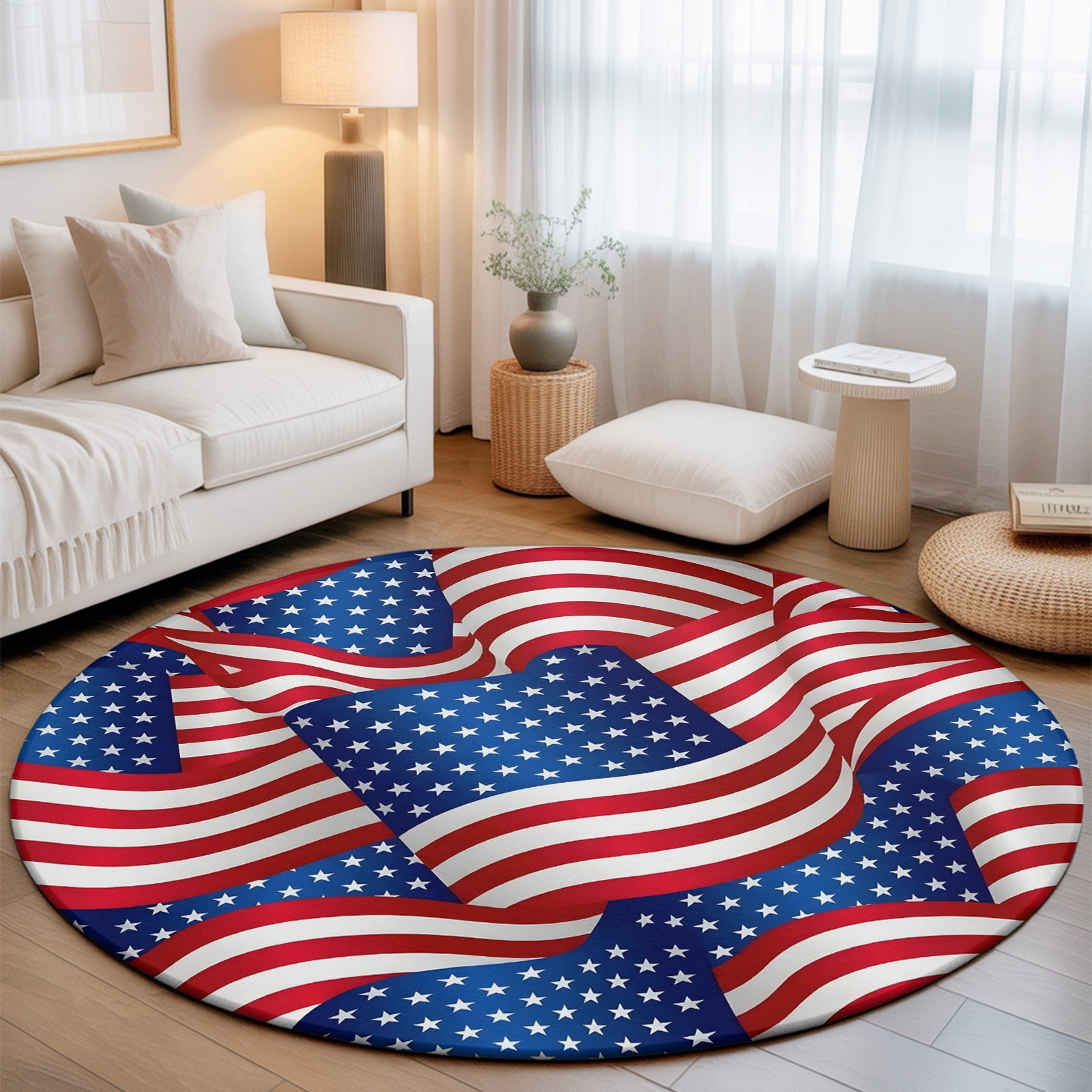 American Flag Washable Round Area Rug 3 ft, Blue Red White Independence ...
