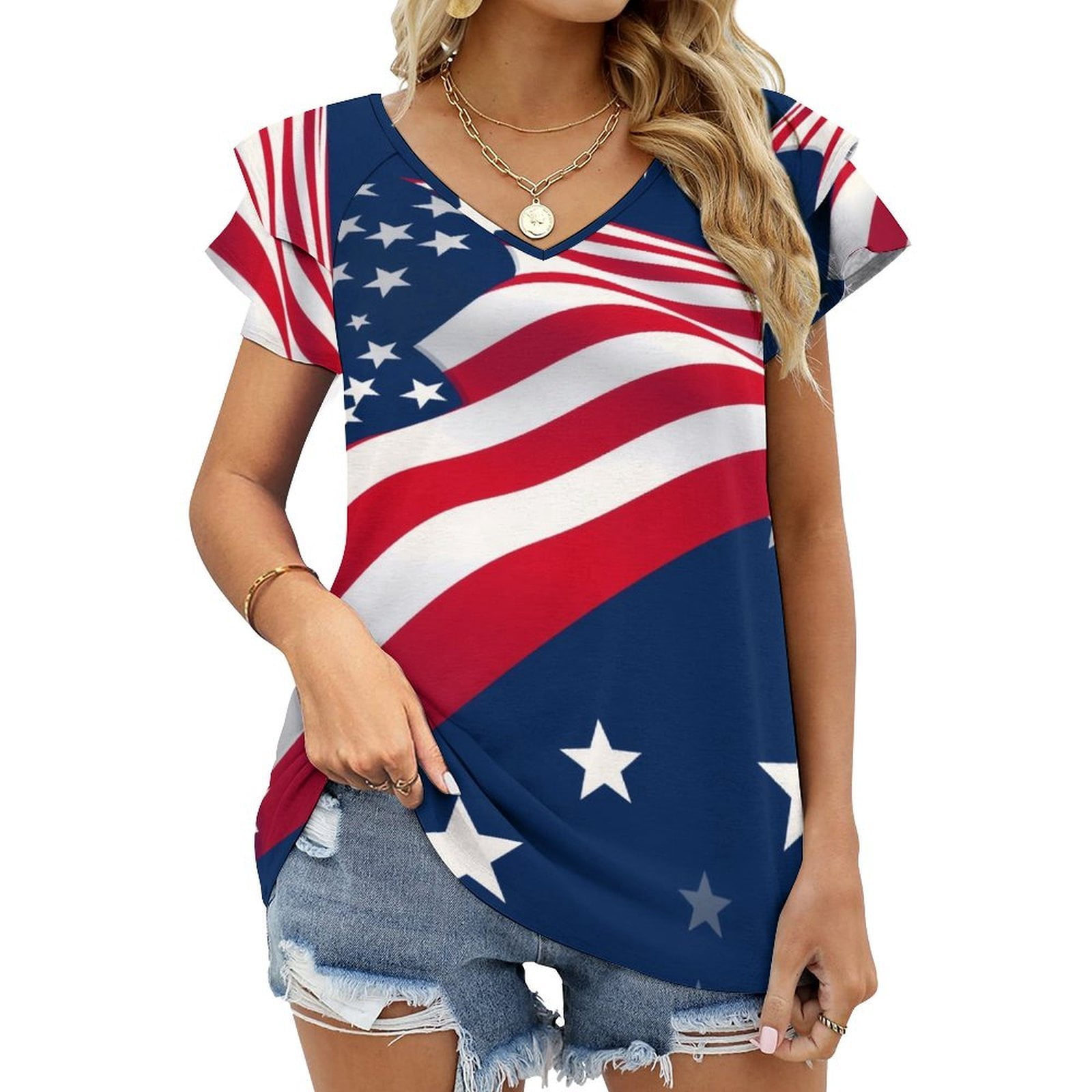 American Flag Waving Stars V-Neck T-shirt Summer Women Blouses Loose ...