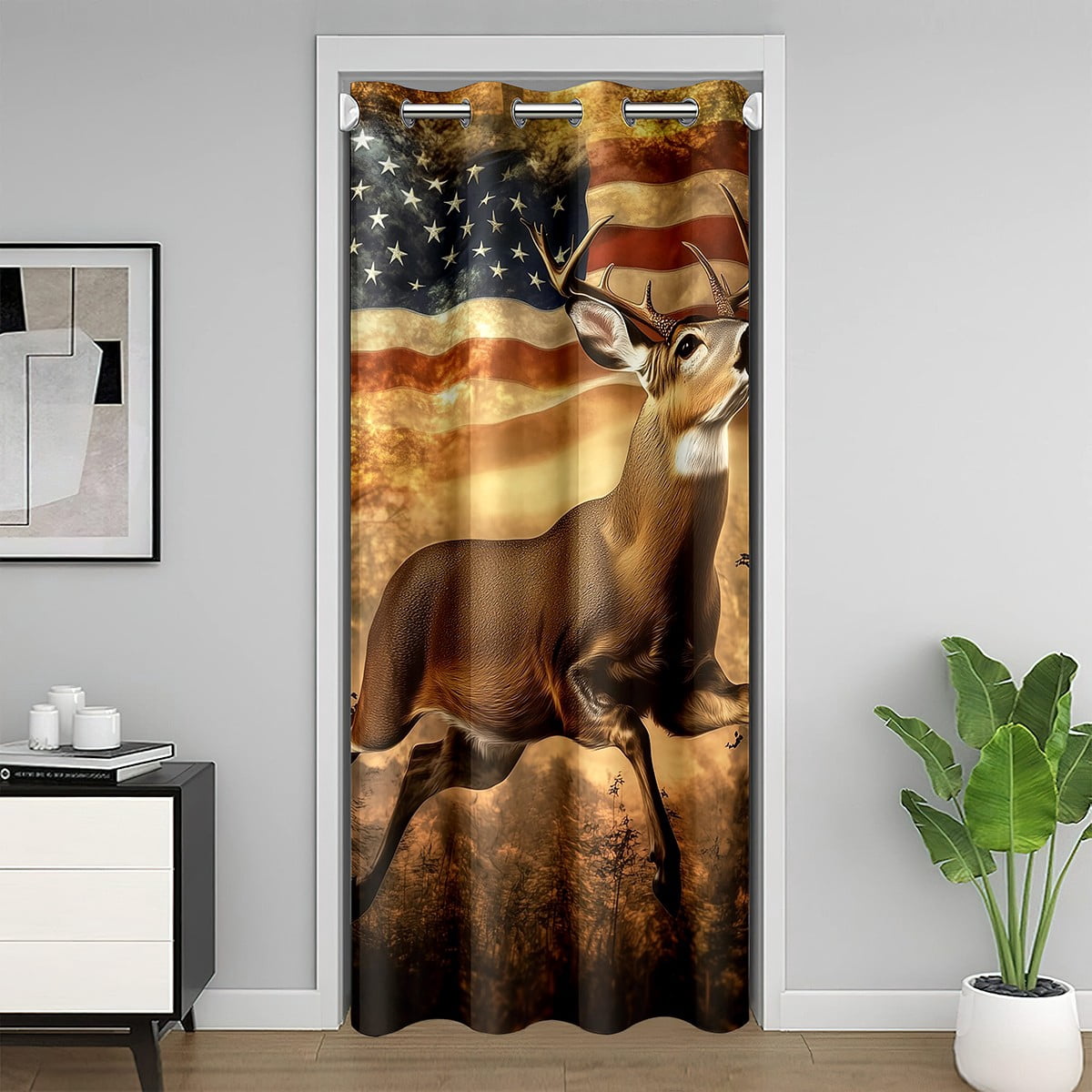 American Flag Wildlife Door Drape Curtain,Retro Rustic Animal Hunting ...