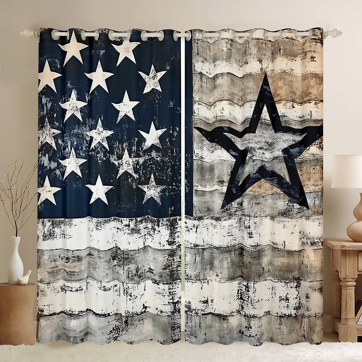 American Flag Window Curtain,Dark Blue Stars Striped Curtains,Vintage ...