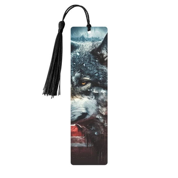 American Flag Wolf Art USA Aluminum Metal Bookmark with Tassel ...