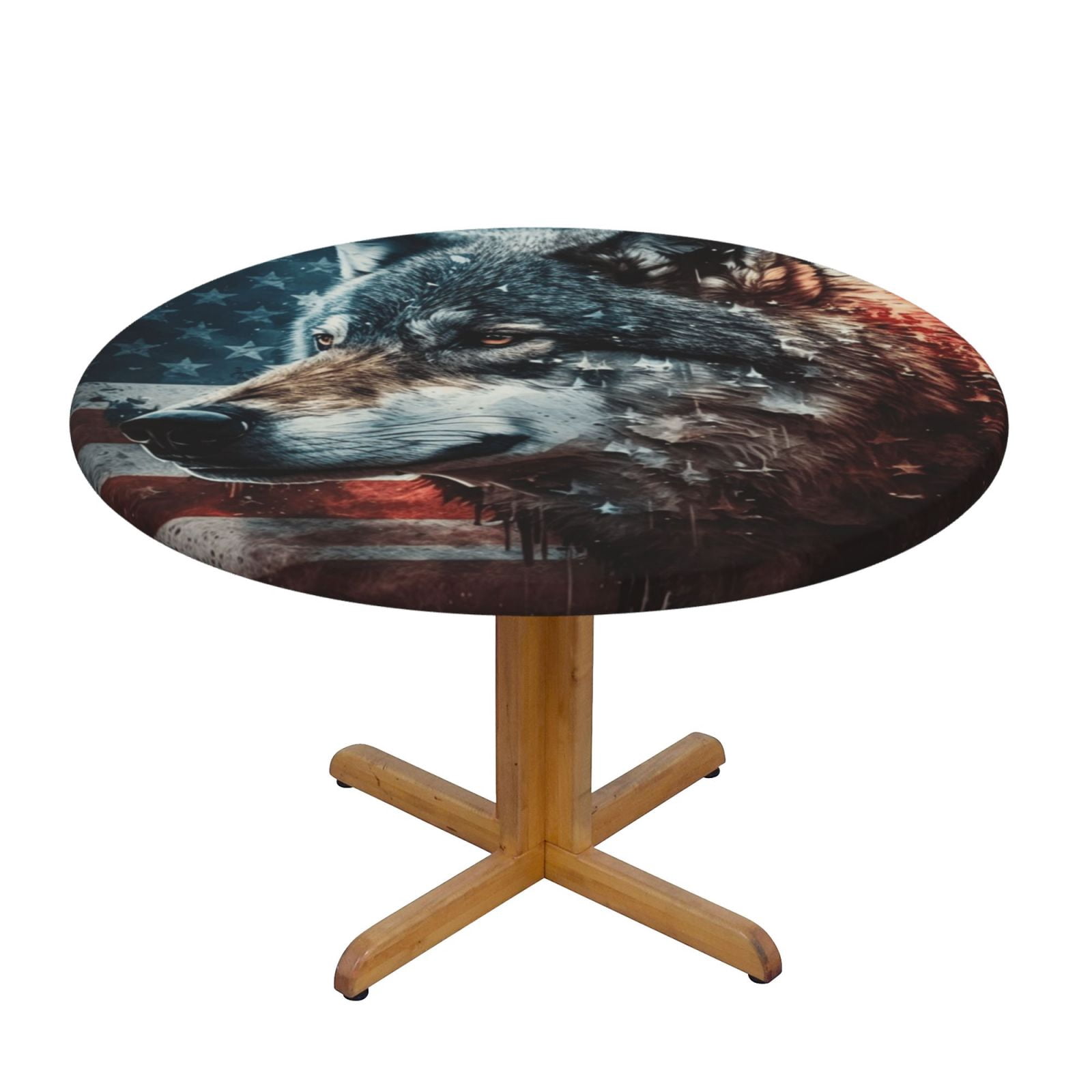 American Flag Wolf Art USA Fitted Round Tablecloth 130cm with Elastic ...