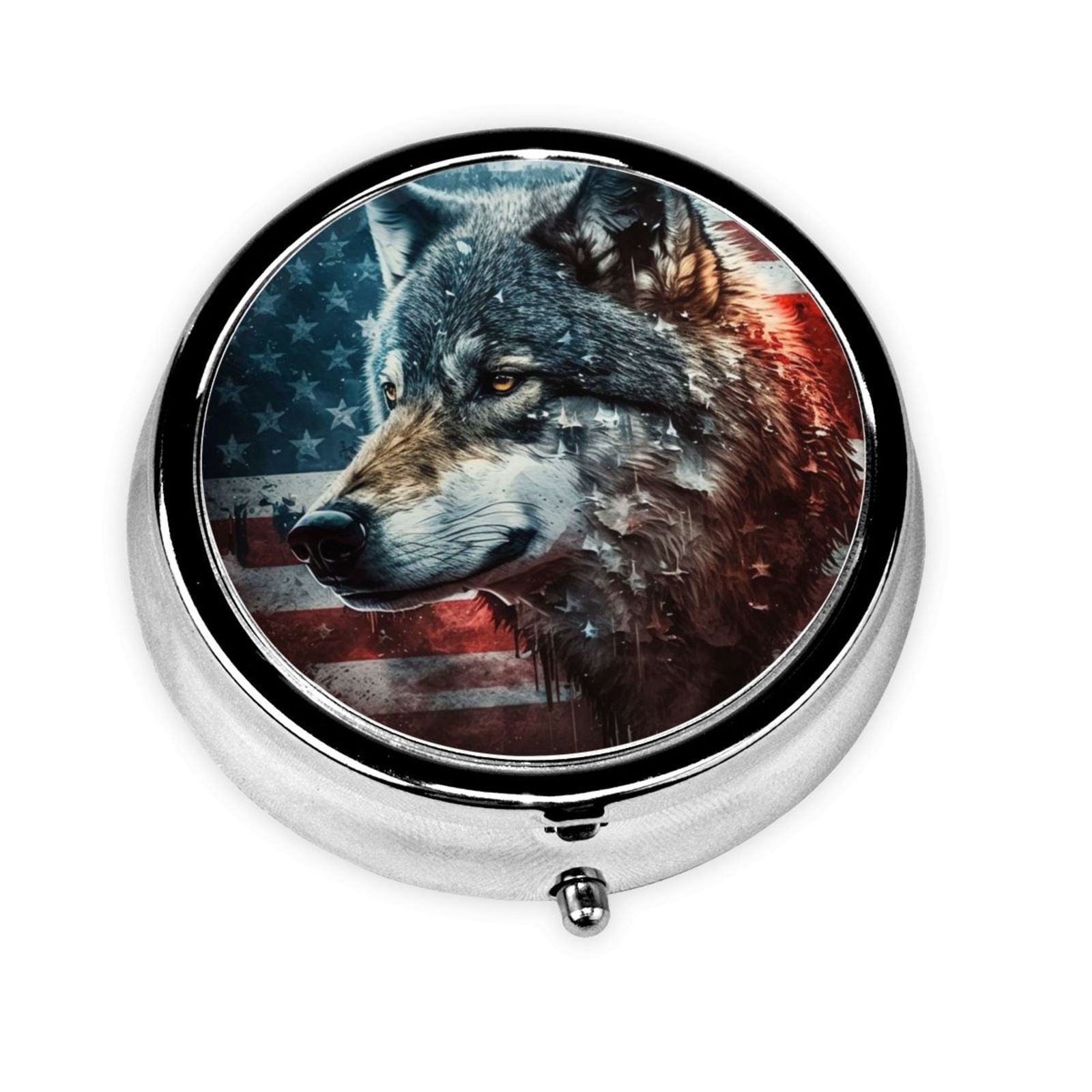 American Flag Wolf Art USA Mini Round Pill Box Portable Small Pill Case ...