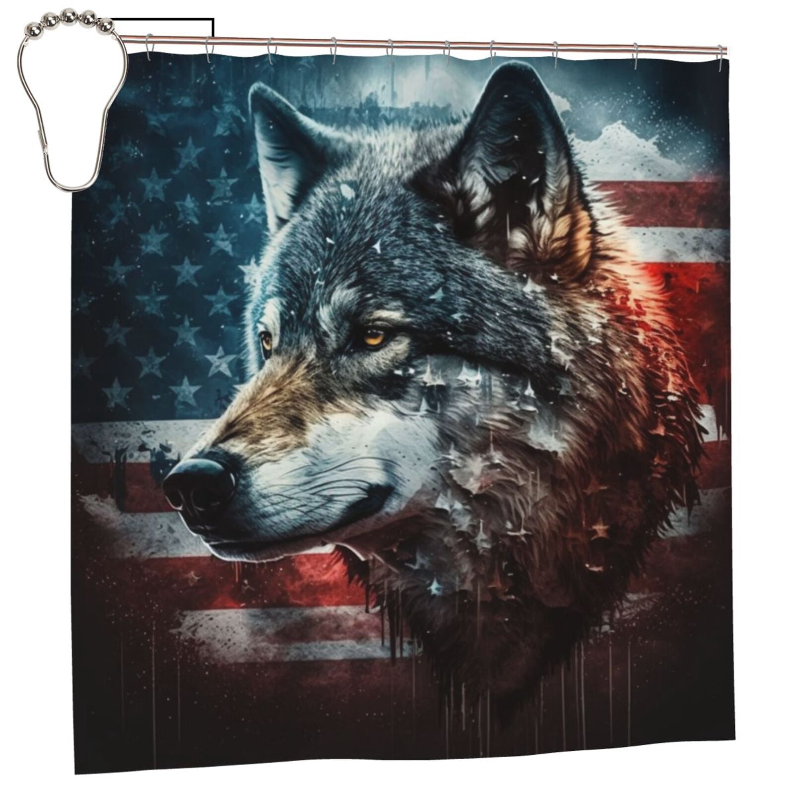 American Flag Wolf Art USA Shower Curtain with 12 Iron Hooks Washable ...