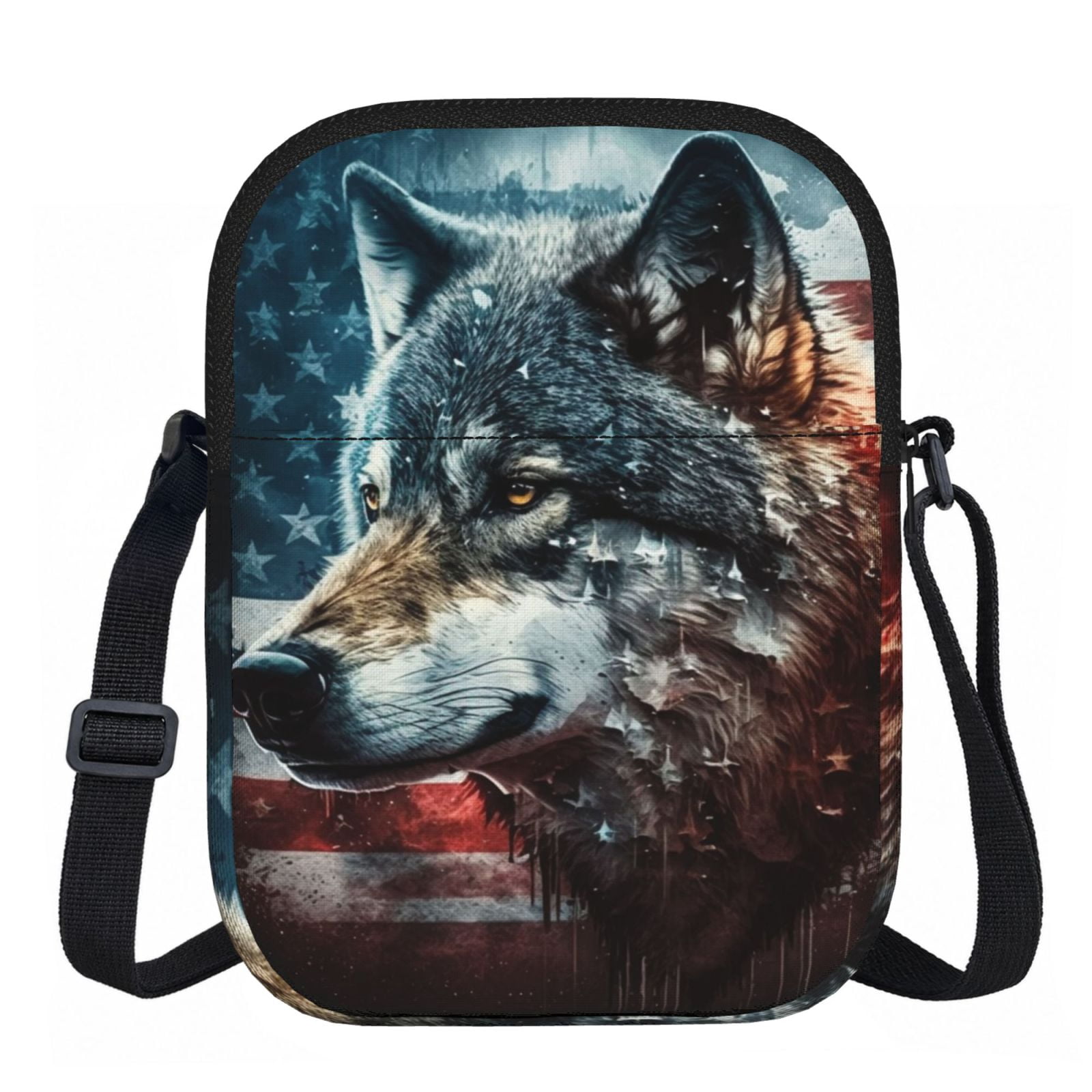 American Flag Wolf Art USA Zipper Crossbody Bag Everyday Travel Pouch ...