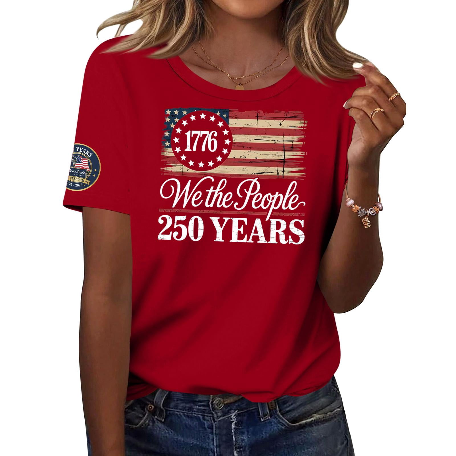 American Flag Womens T-Shirts 4th of July Short Sleeve America 250 Flag ...