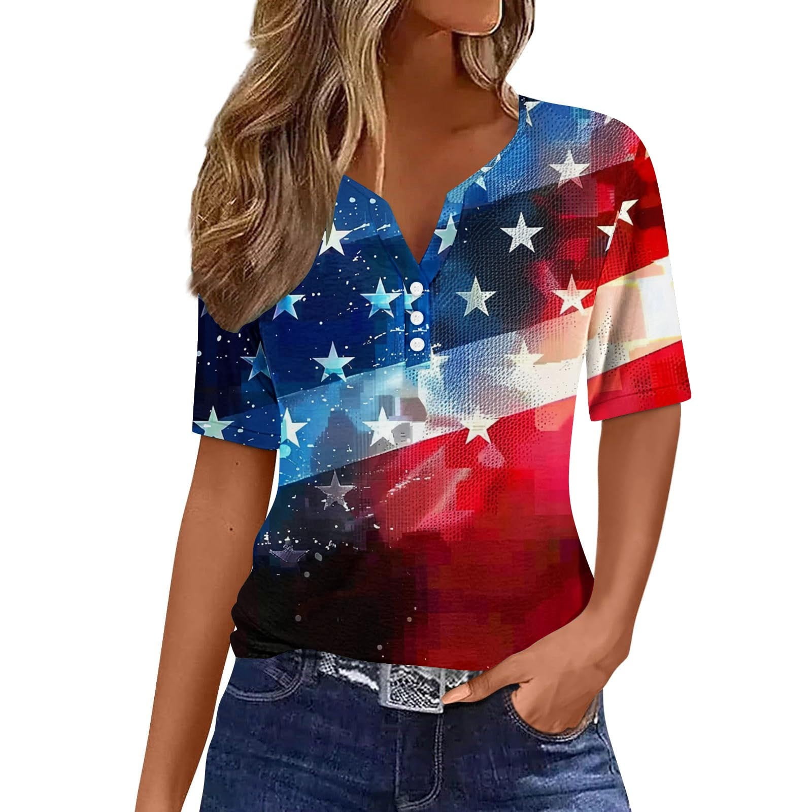 American Flag Womens Tops Henley V Neck Patriotic Shirts Button-up 4th of July Short Sleeve ...