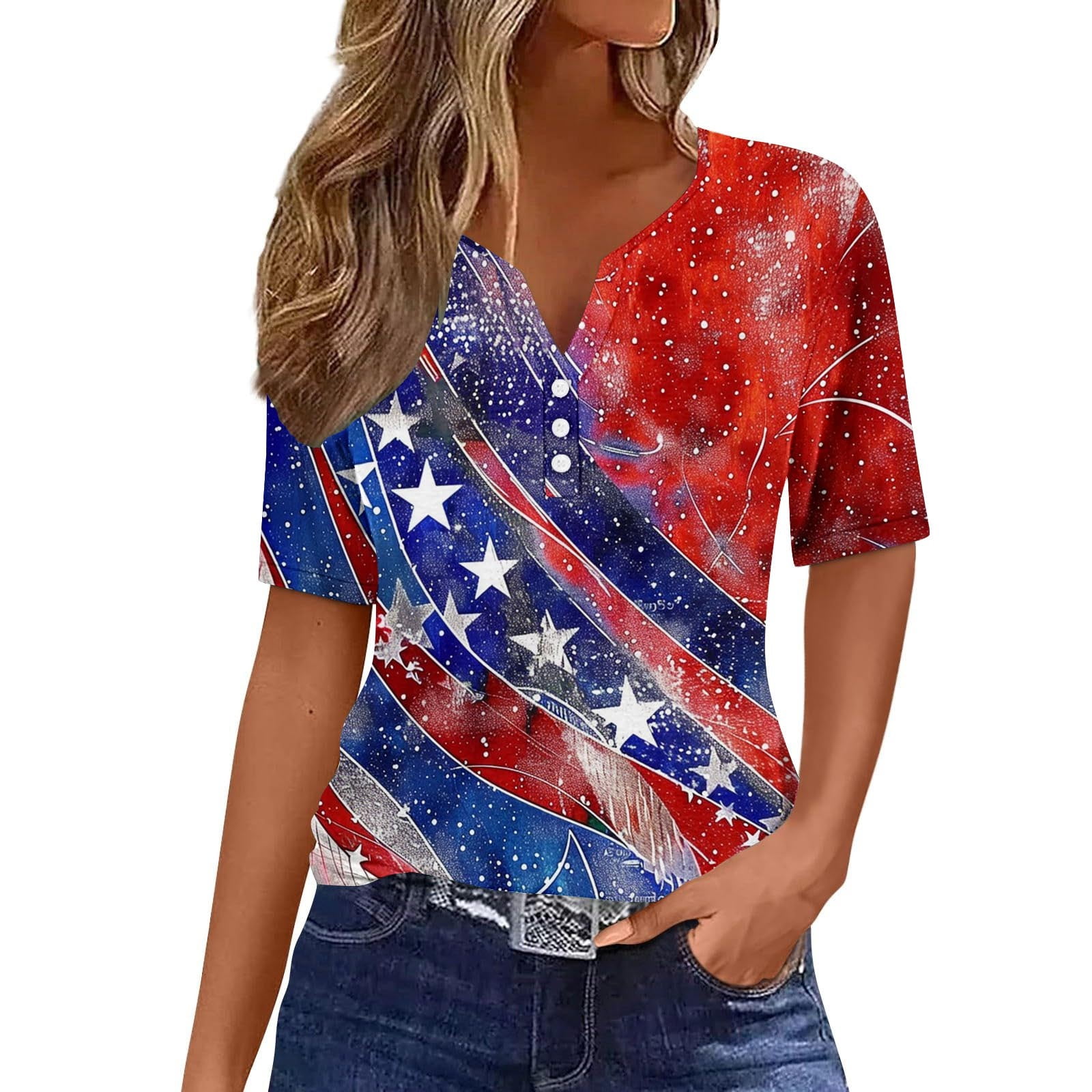 American Flag Womens Tops Henley V Neck Patriotic Shirts Button-up 4th of July Short Sleeve ...