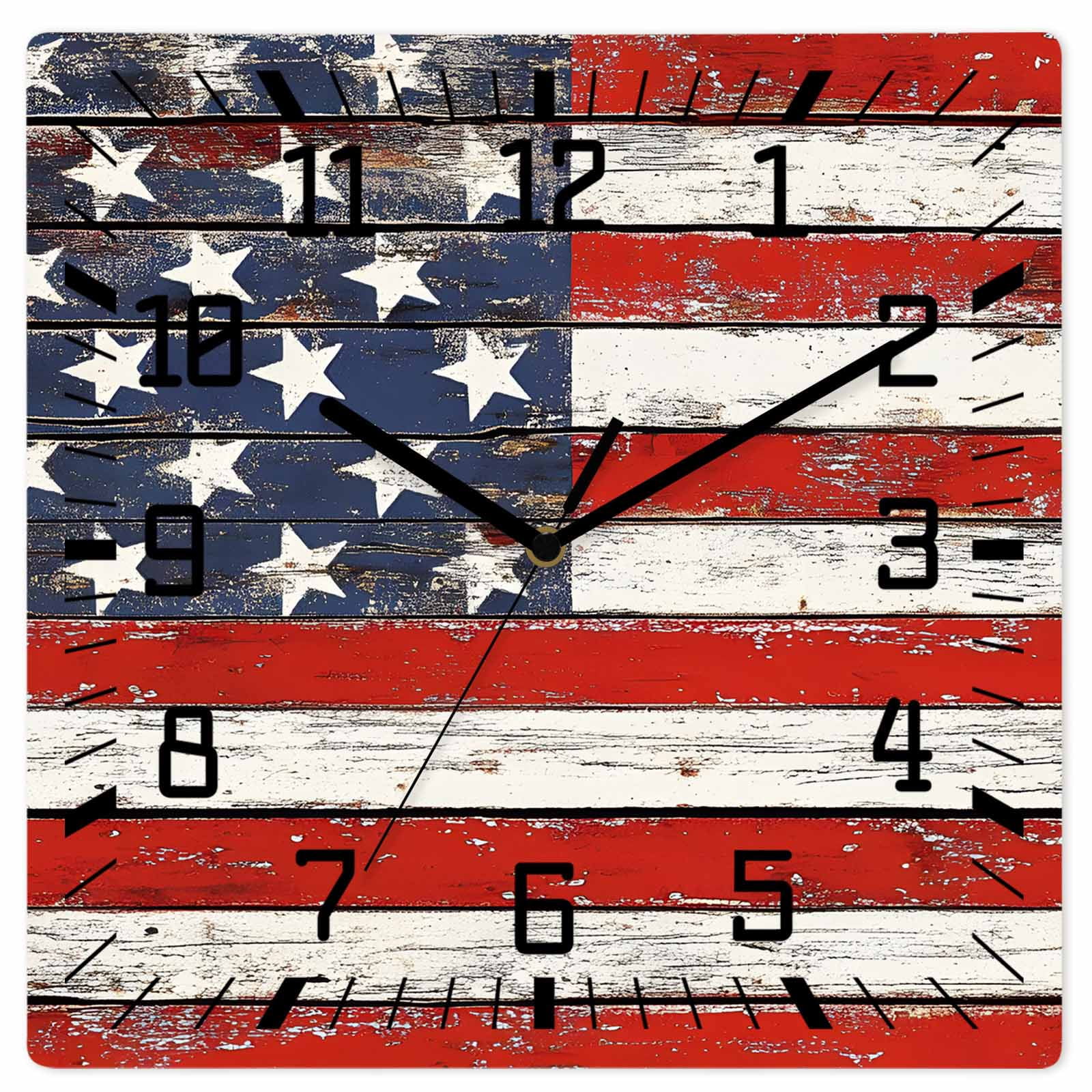American Flag Wooden Wall Clock Silent Non Ticking, Red Blue Star ...
