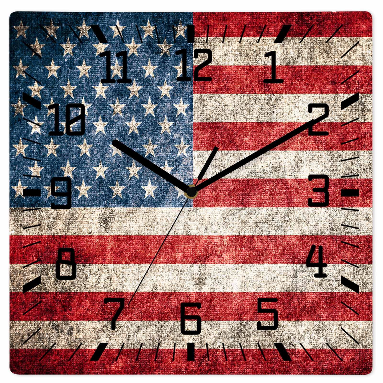 American Flag Wooden Wall Clock Silent Non Ticking, Vintage Blue Red ...