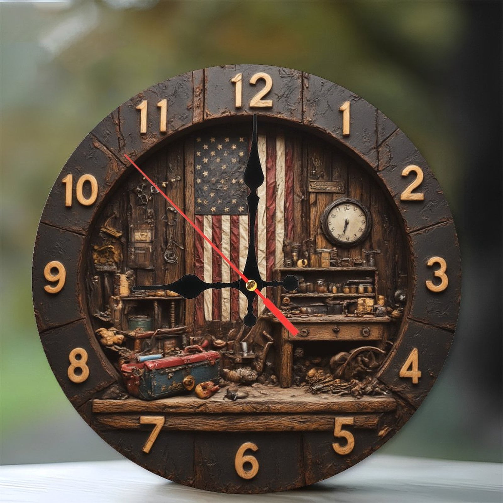 American Flag Workshop Wall Clock Rustic Decor Home 10-Inch Silent ...