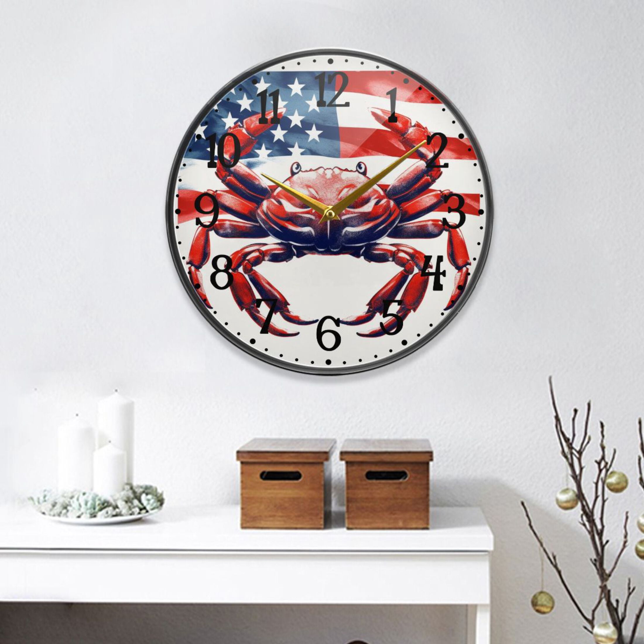 American Flag and Crab Round Wall Clock 12 Inch Non-Ticking Silent ...