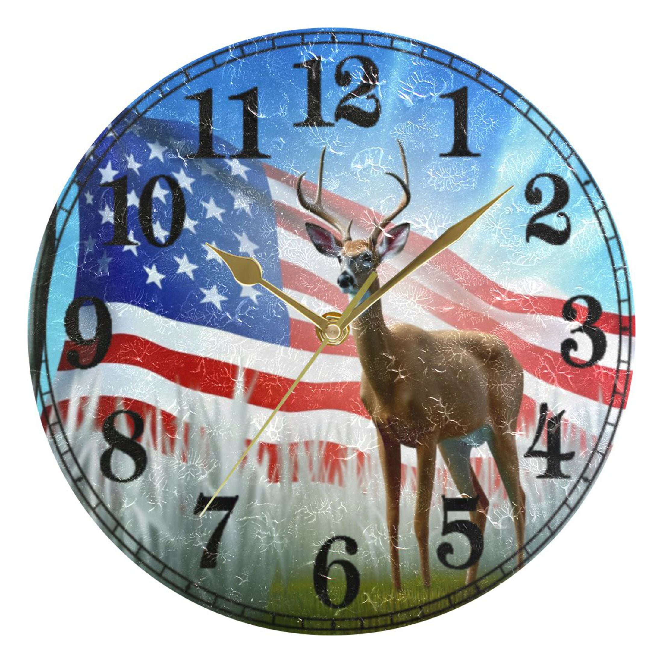 American Flag and Deer Silent Wall Clock 10" Non-Ticking Battery Clock ...