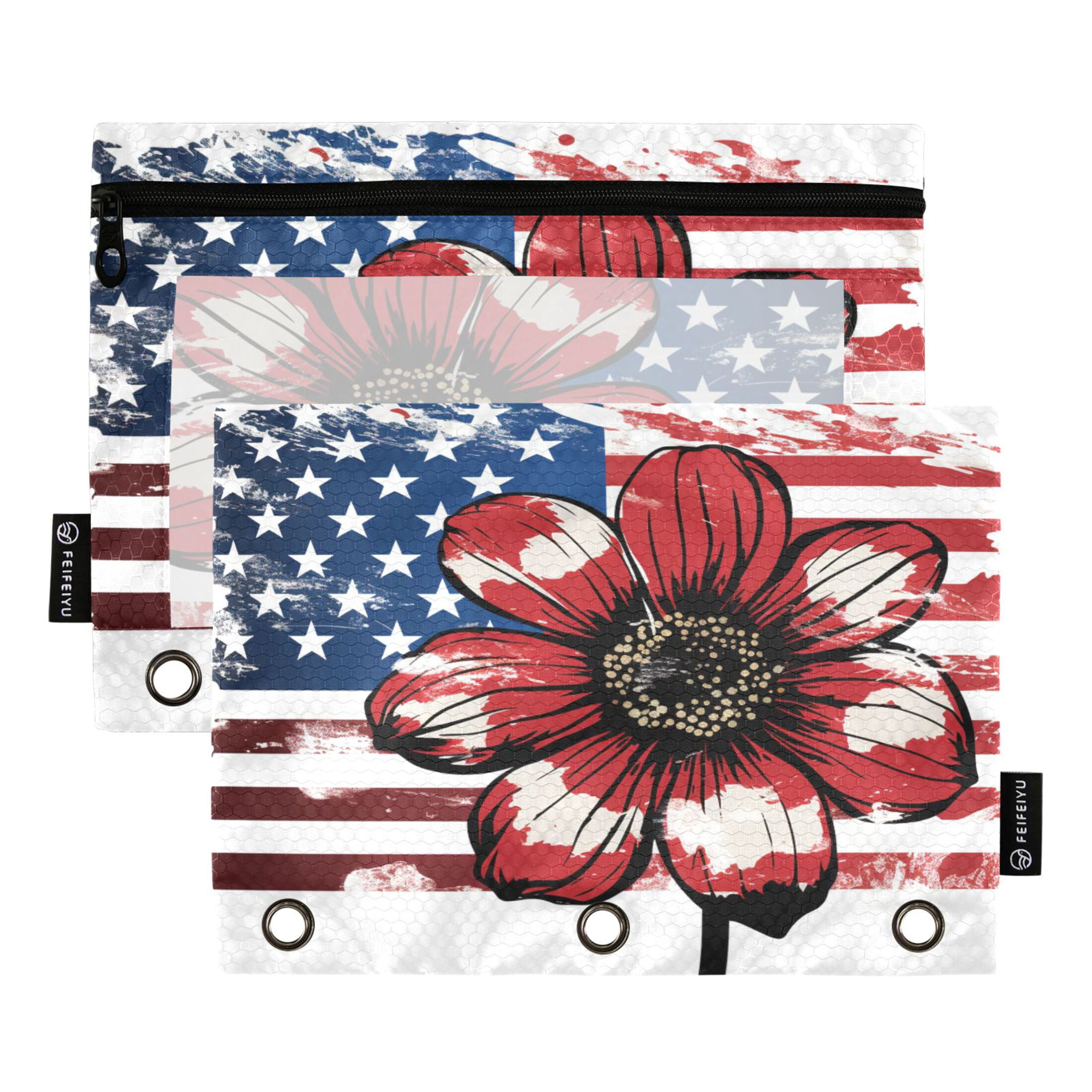 American Flag and Flower 2 Pack Pencil Pouch for 3 Ring Binder Smooth ...