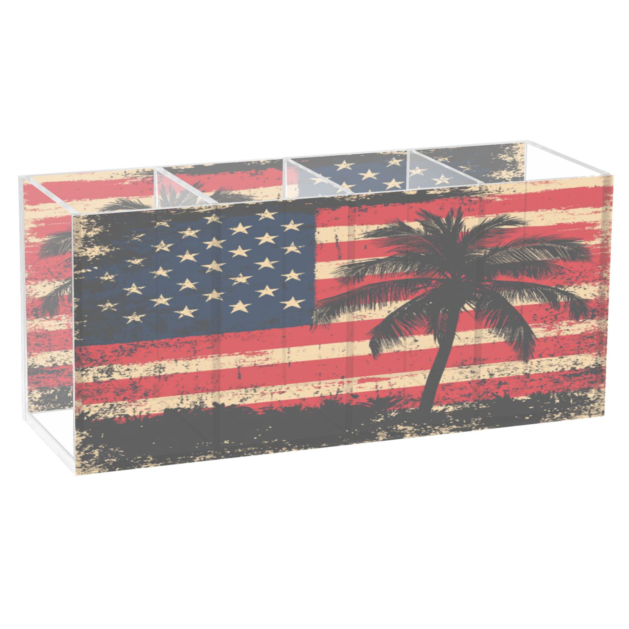 American Flag with Palm Trees Acrylic Pen Holder 4 Compartments Clear ...