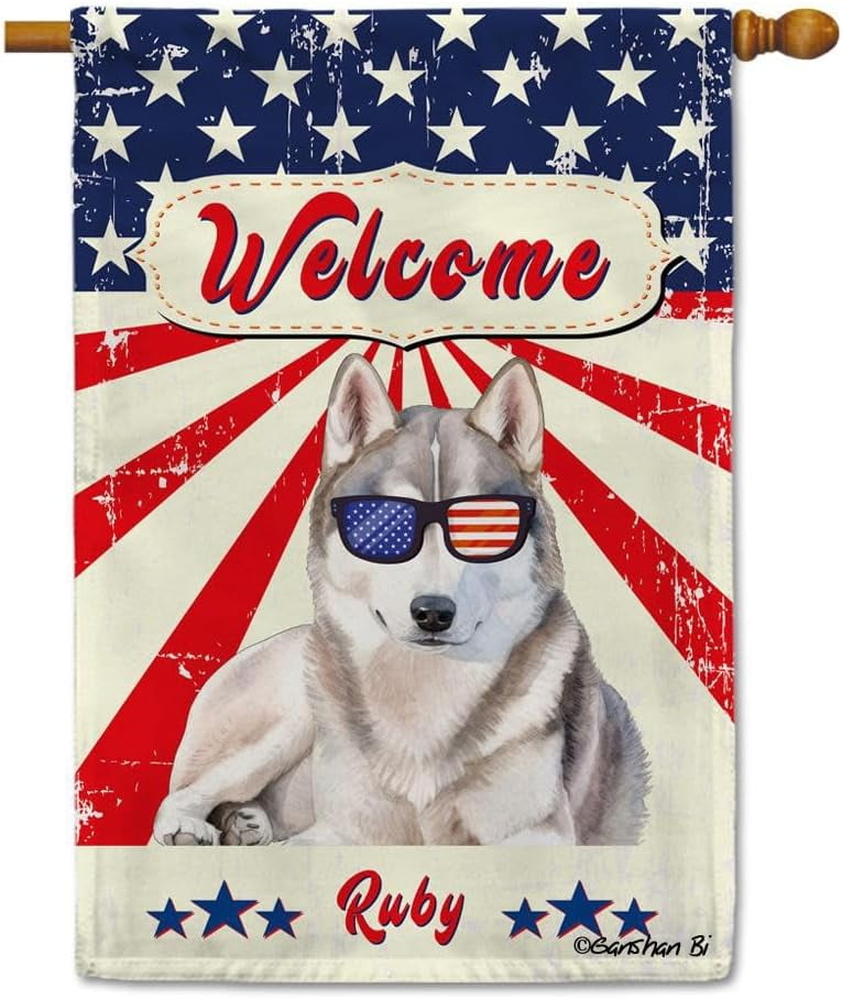 American Flag with Siberian Husky House Flag Watercolor Dog 4th of July ...