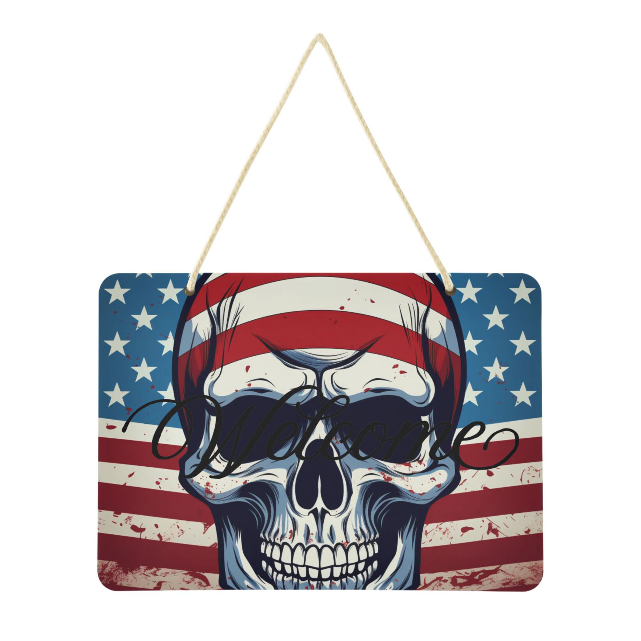 American Flag with Skull Welcome Sign Front Door PVC 14x10 inch Hanger ...