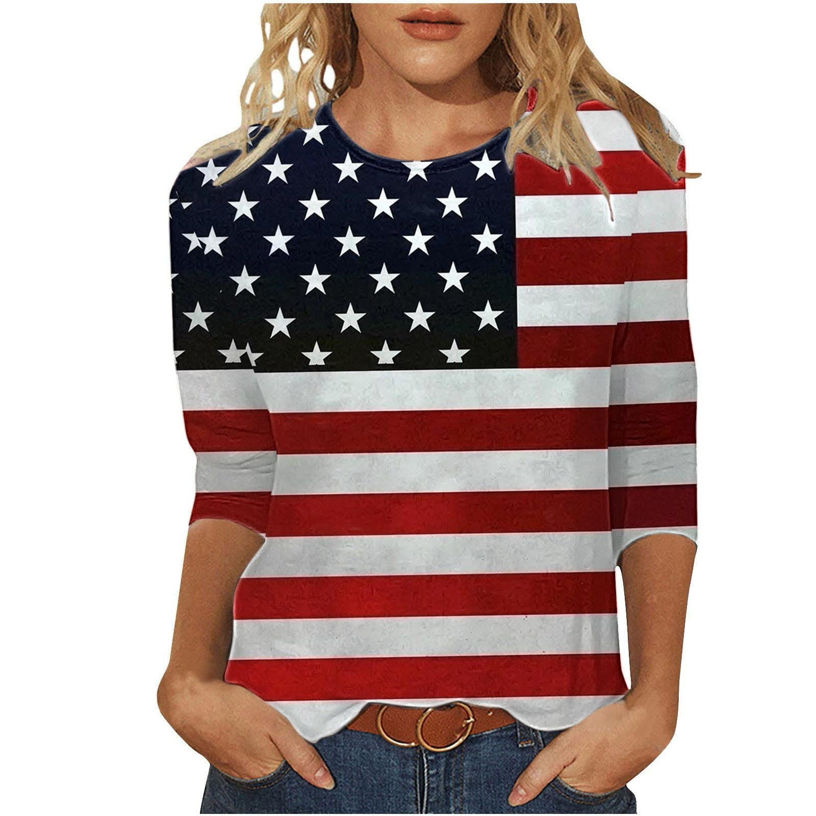 American Flags Tee Women 3/4 Sleeve Shirts Crew Neck Blouse Independence Day Tops Loose Fitted ...