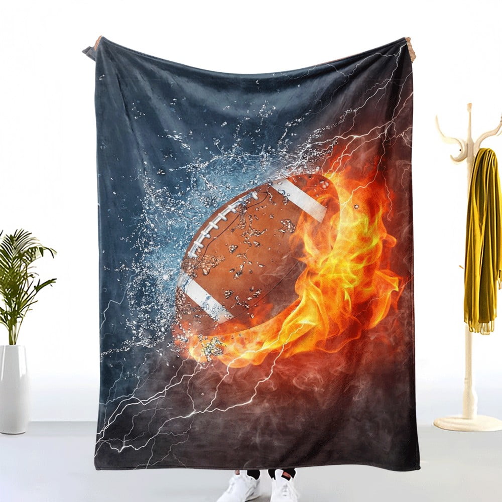 American Football Flannel Blanket with Fire and Lightning Print Thick ...