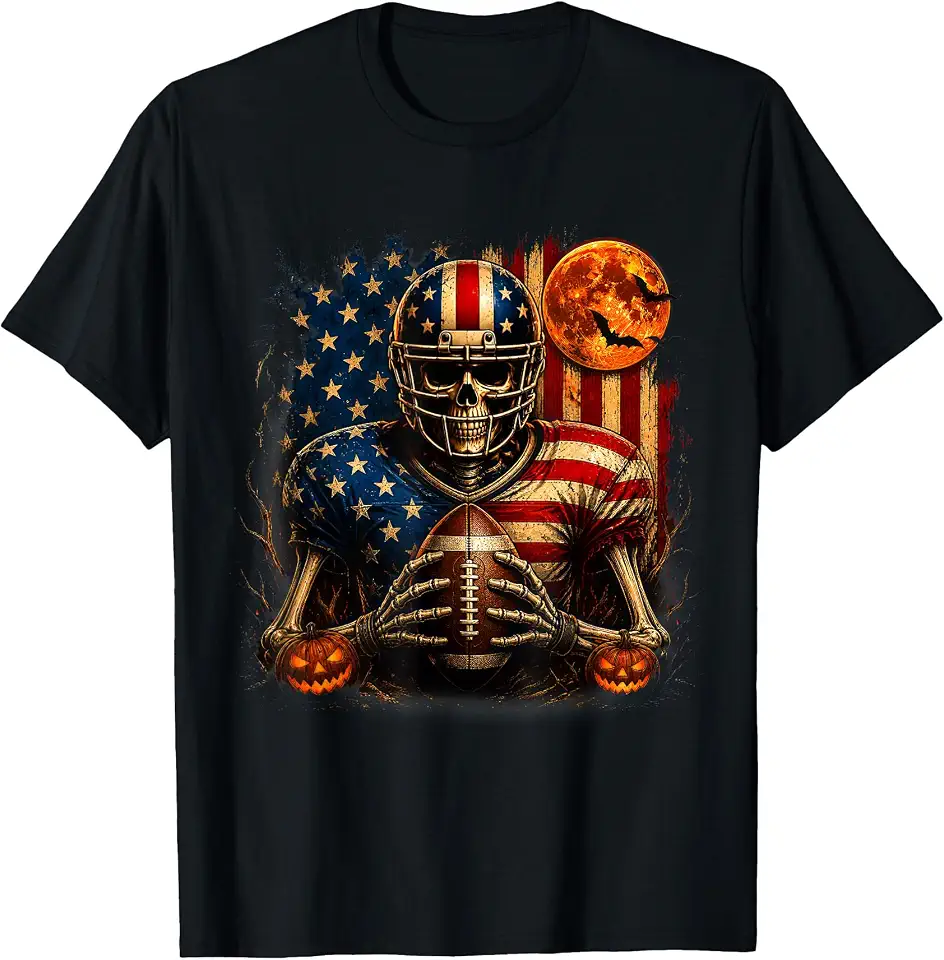 American Football Skeleton USA Flag Halloween Boys Men T-Shirt ...