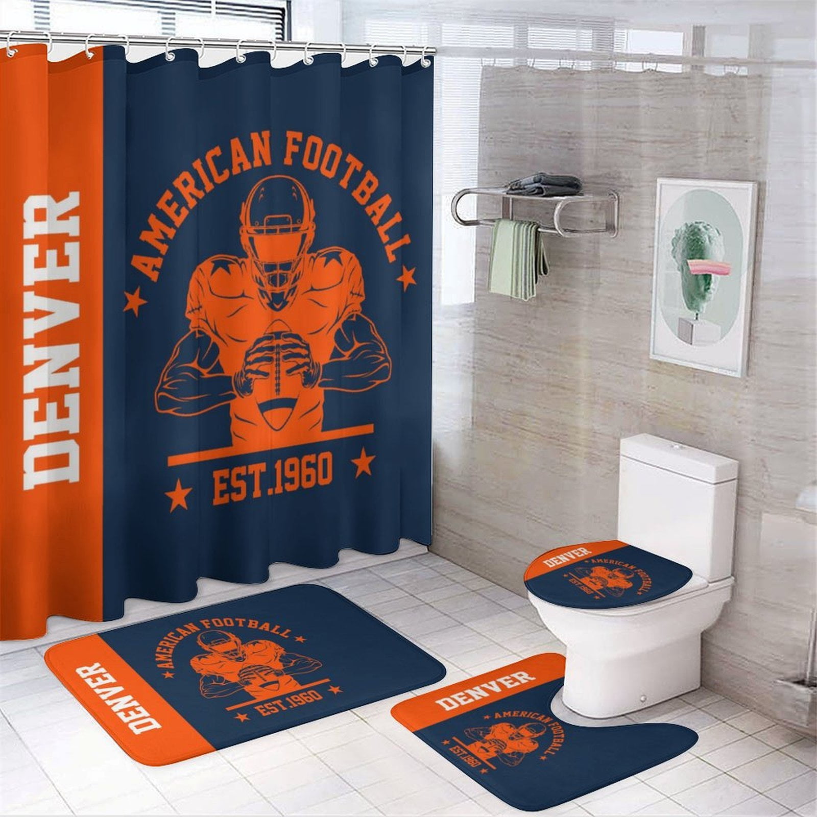 American Football Style Shower Curtain 4-Set Denver Style Bathroom ...