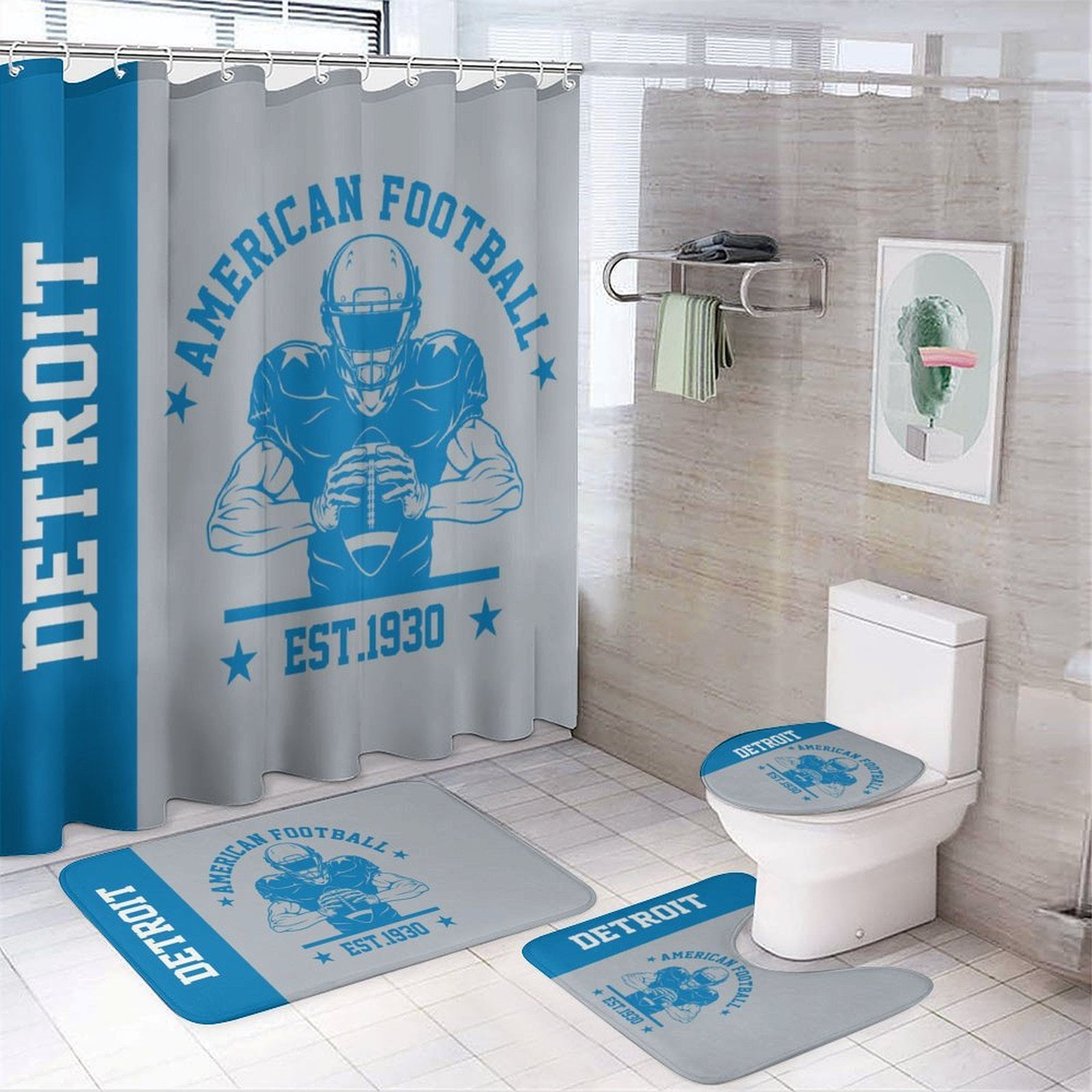 American Football Style Shower Curtain 4-Set Detroit Style Bathroom ...