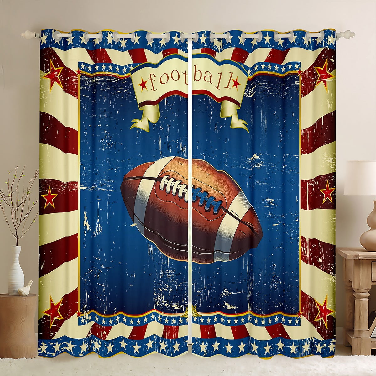 American Football Window Curtains 2 Panels 52Wx84L Retro Red Stripes ...