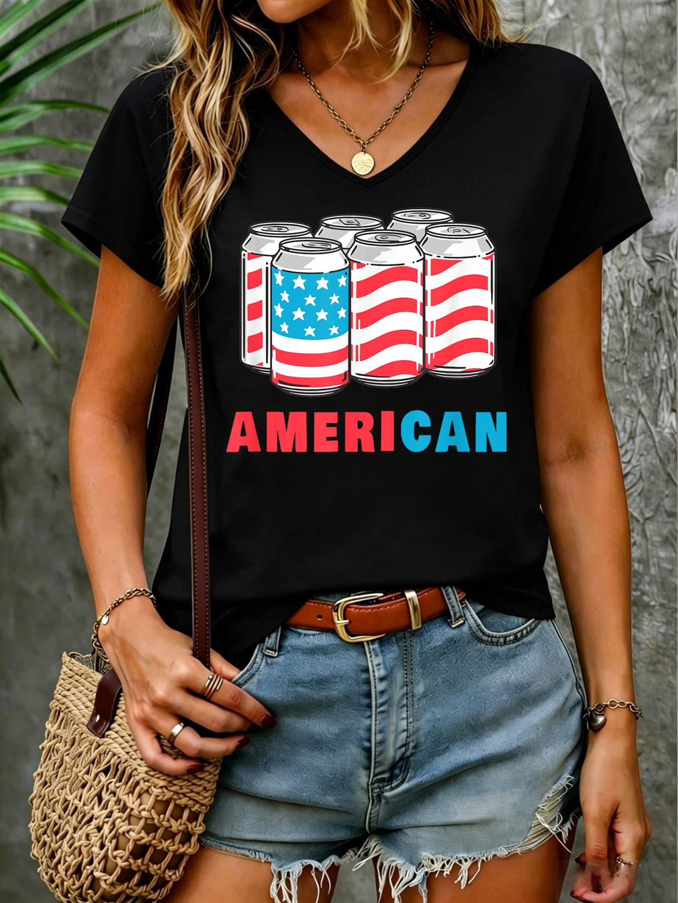 American Funny 4th of July Beer Patriotic USA Flag V Neck T-Shirt ...