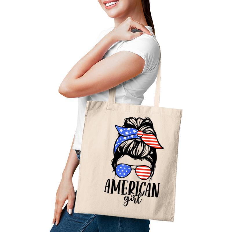 American Girl Messy Hair Bun Usa Flag Patriotic 4Th Of July Tote Bag ...