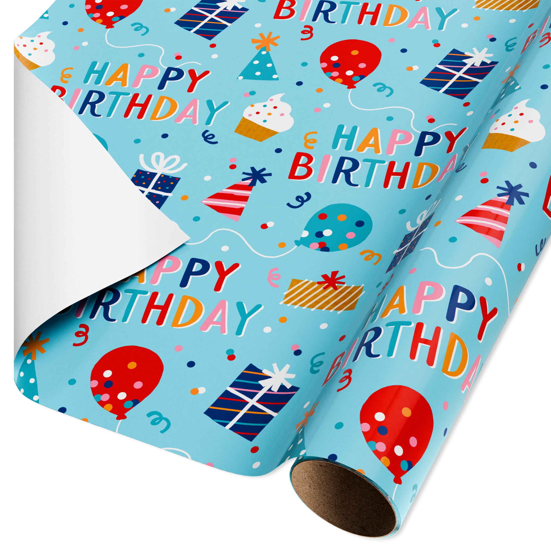 American Greetings 20 Sq. ft. Blue Birthday Wrapping Paper, Cake and Presents (96 in. x 30 in ...