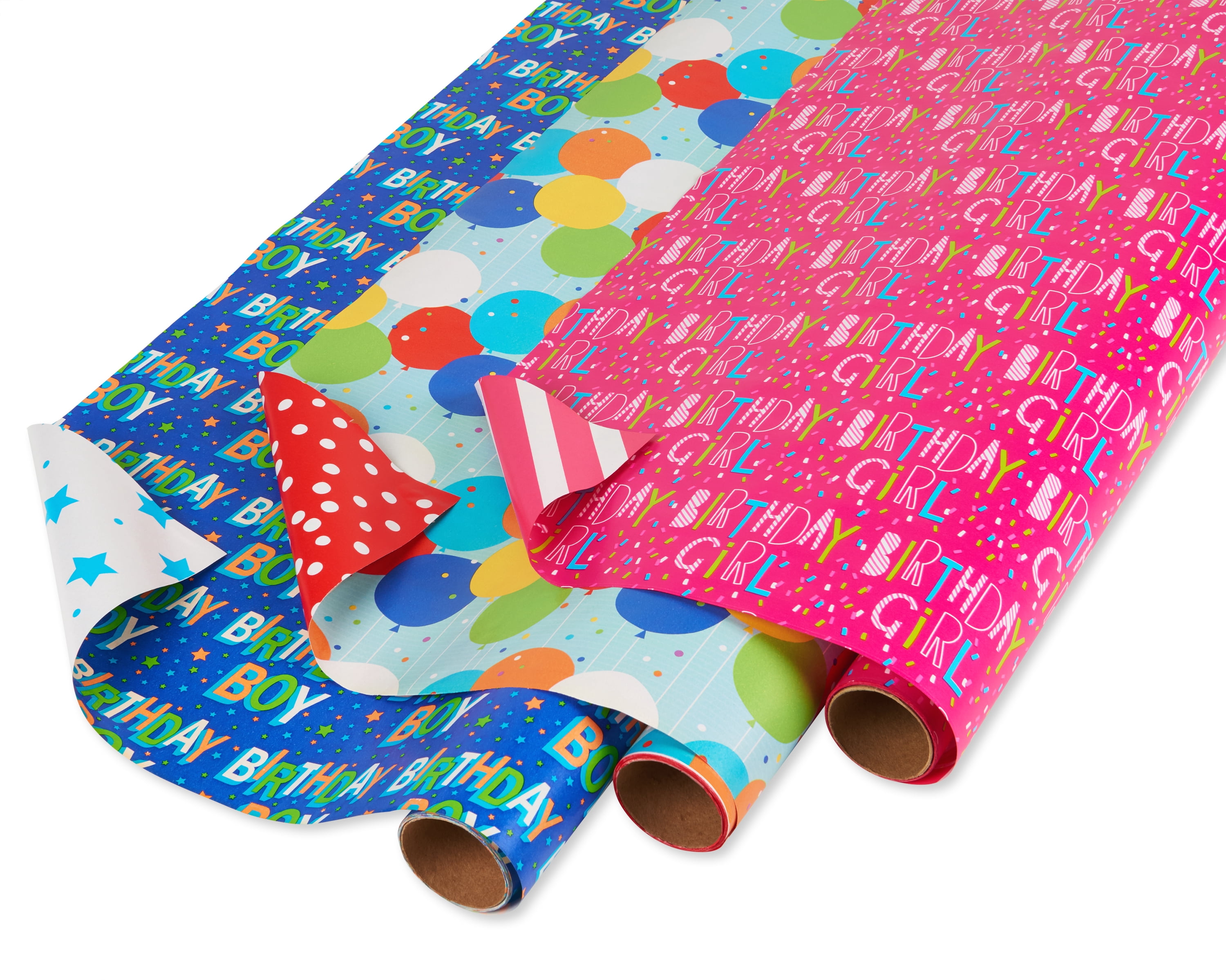 American Greetings Reversible Birthday Wrapping Paper, Stars, Polka ...