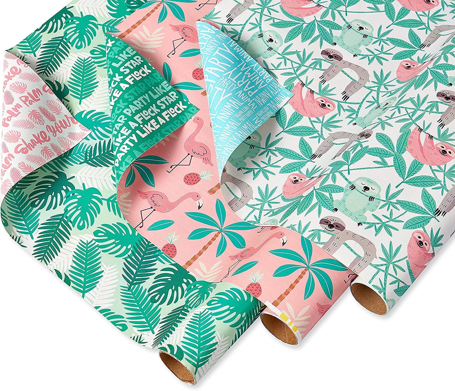 American Greetings Reversible Palms, Sloths, Flamingo Wrapping Paper ...