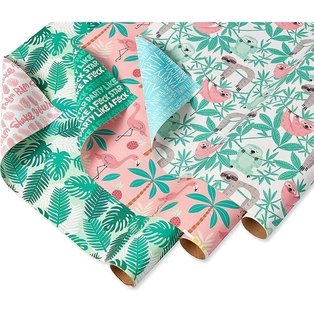 American Greetings Reversible Palms, Sloths, Flamingo Wrapping Paper ...