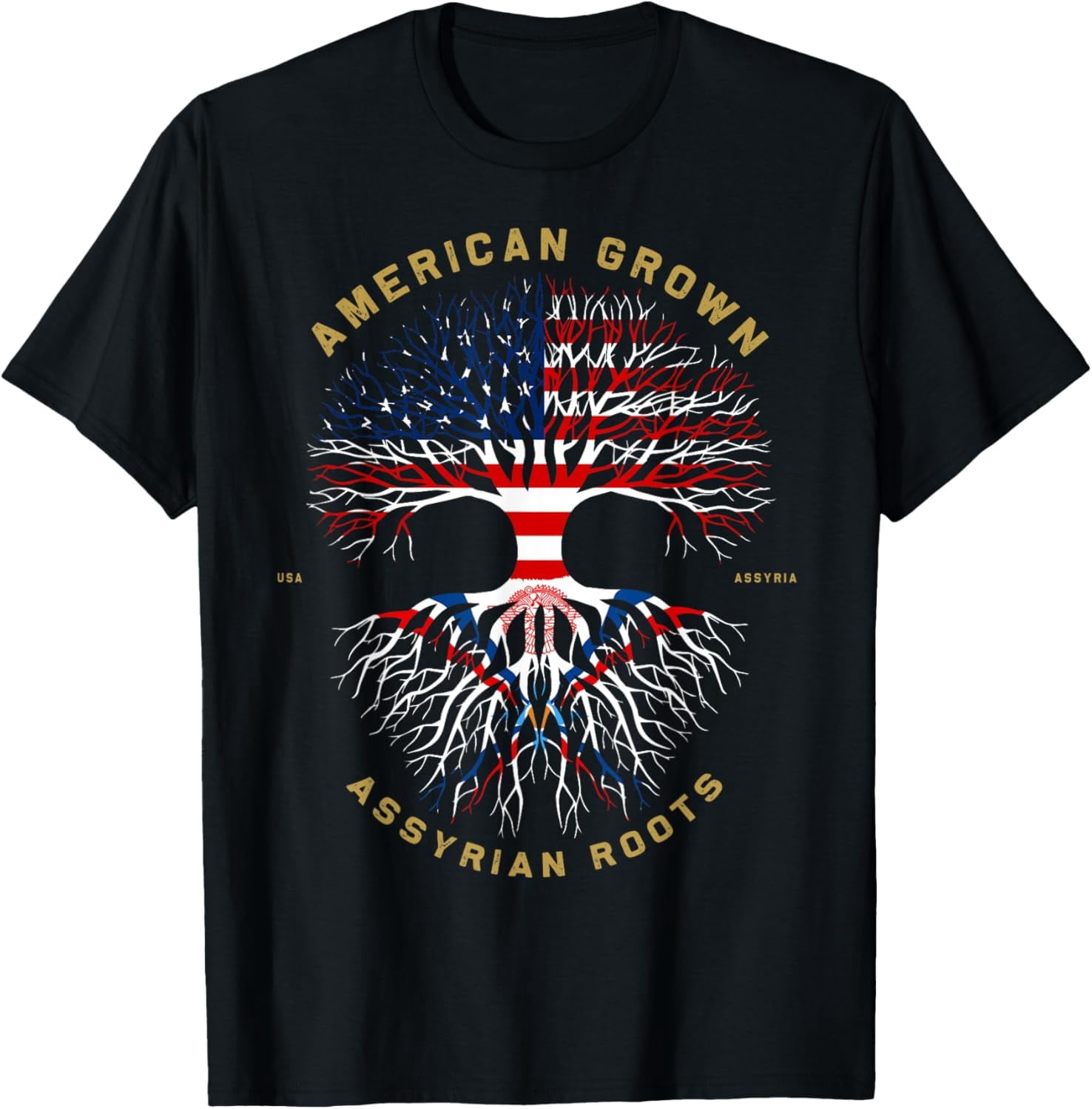 American Grown Assyrian Roots T-Shirt Patriotic Heritage Tree of Life ...