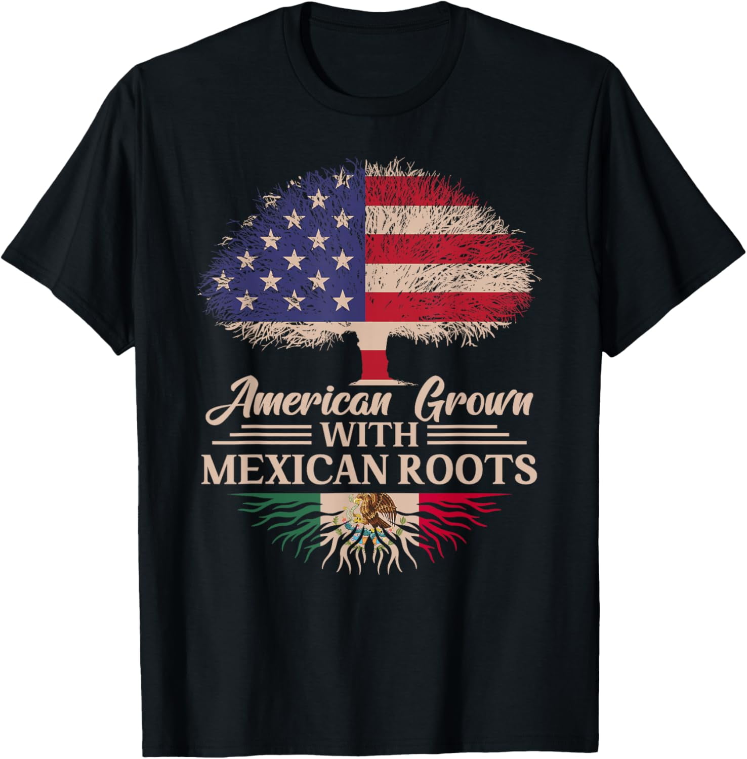 American Grown With Mexican Roots Half American Flag Mexican T-Shirt ...