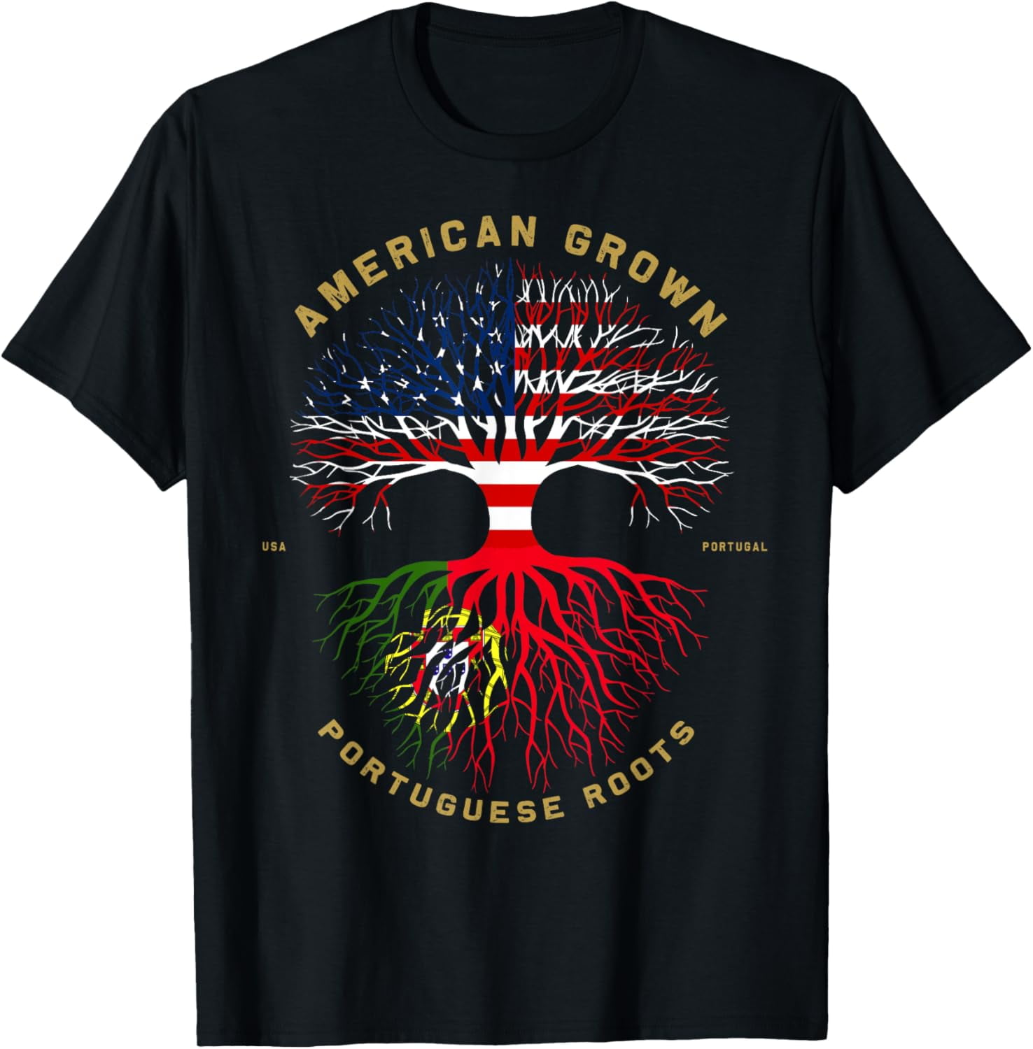 American Grown With Portuguese Roots Tree USA Flag Gifts T-Shirt ...