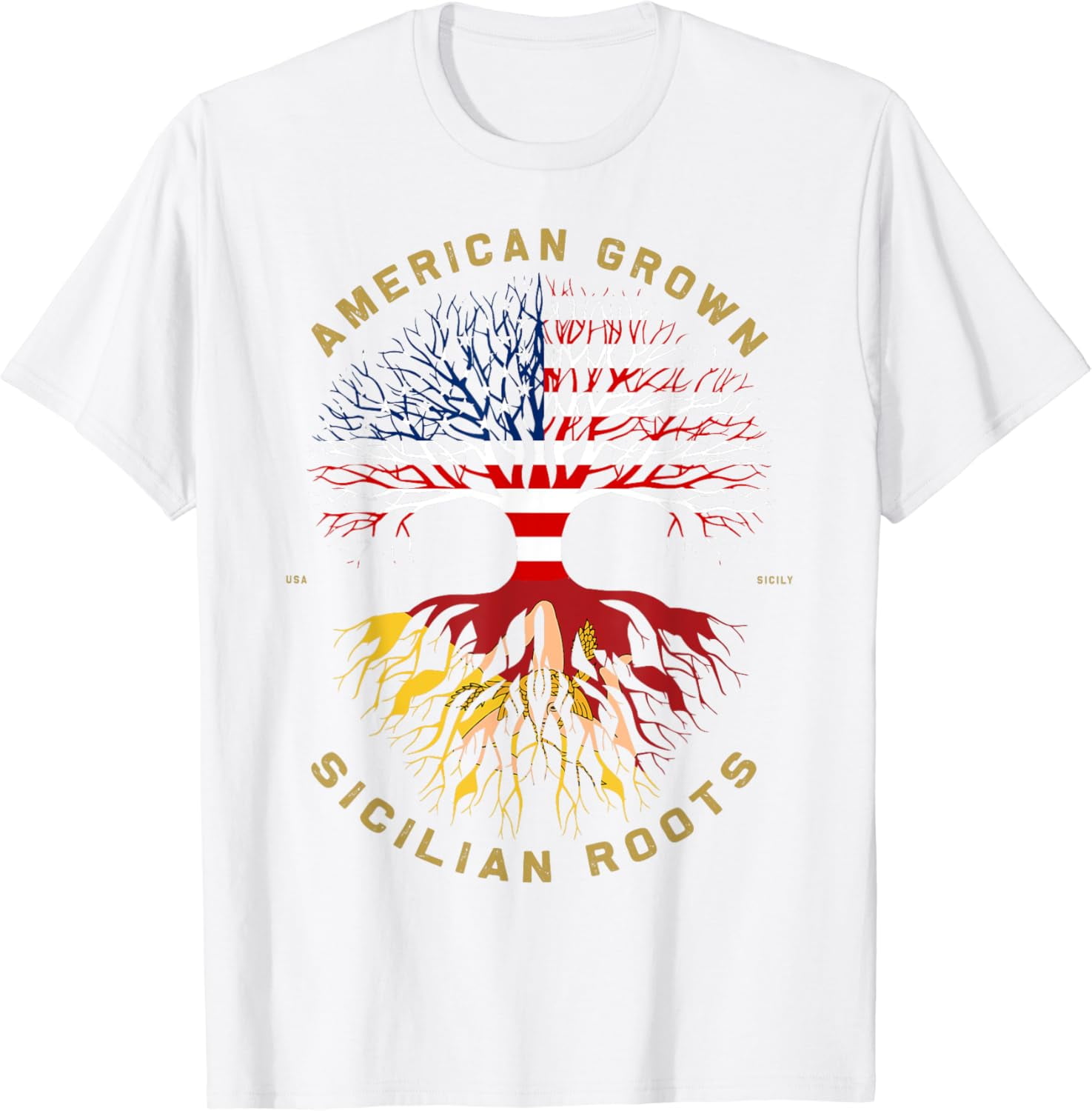 American Grown With Sicilian Roots Tree USA Flag Gifts Idea T-Shirt ...