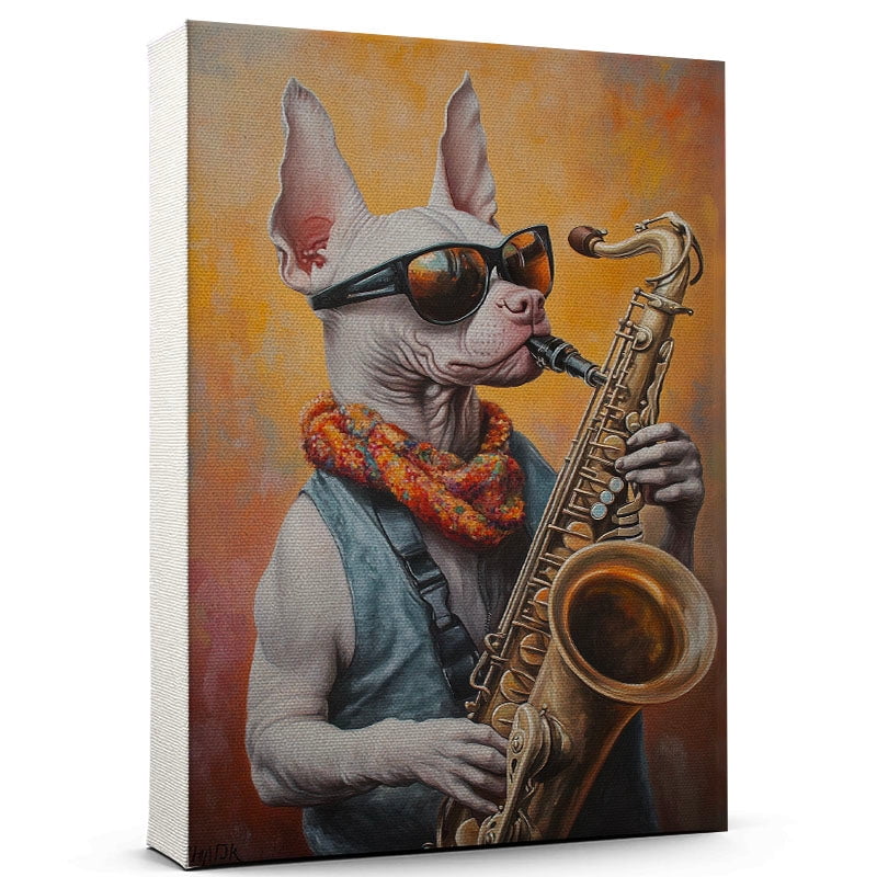 American Hairless Terrier Dog Playing Saxophone Stretched Canvas Size ...